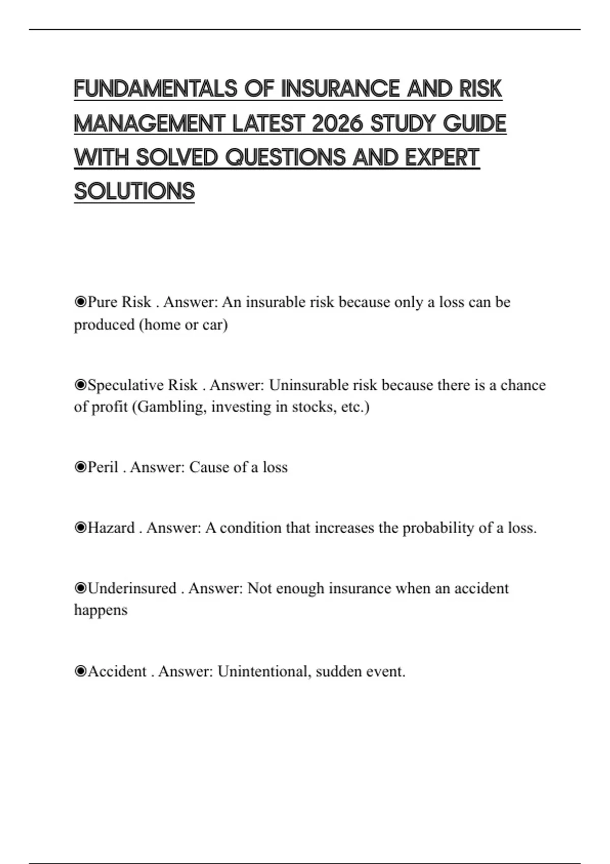 FUNDAMENTALS OF INSURANCE AND RISK MANAGEMENT LATEST 2026 STUDY GUIDE ...