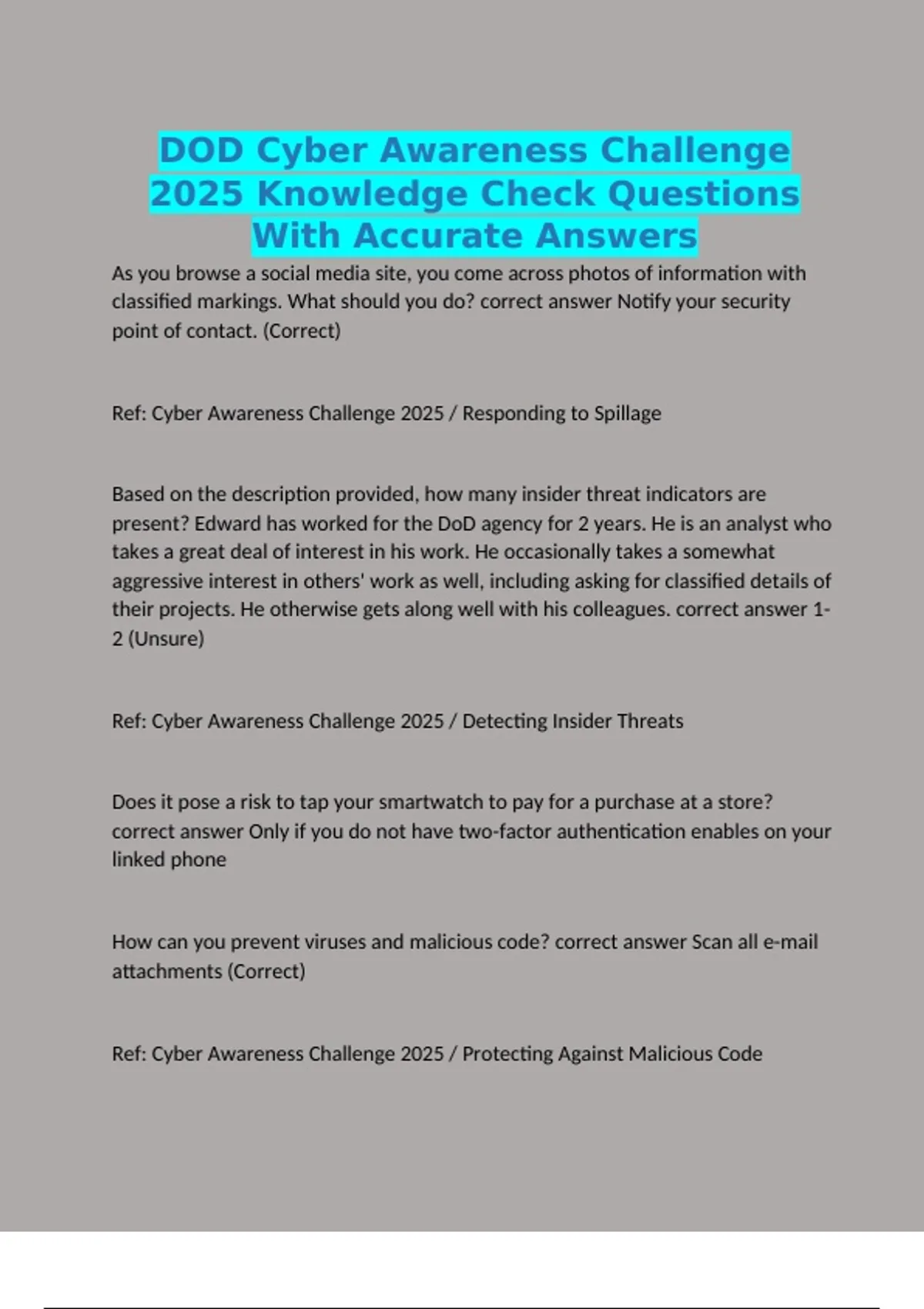 DOD Cyber Awareness Challenge 2025 Knowledge Check Questions With ...