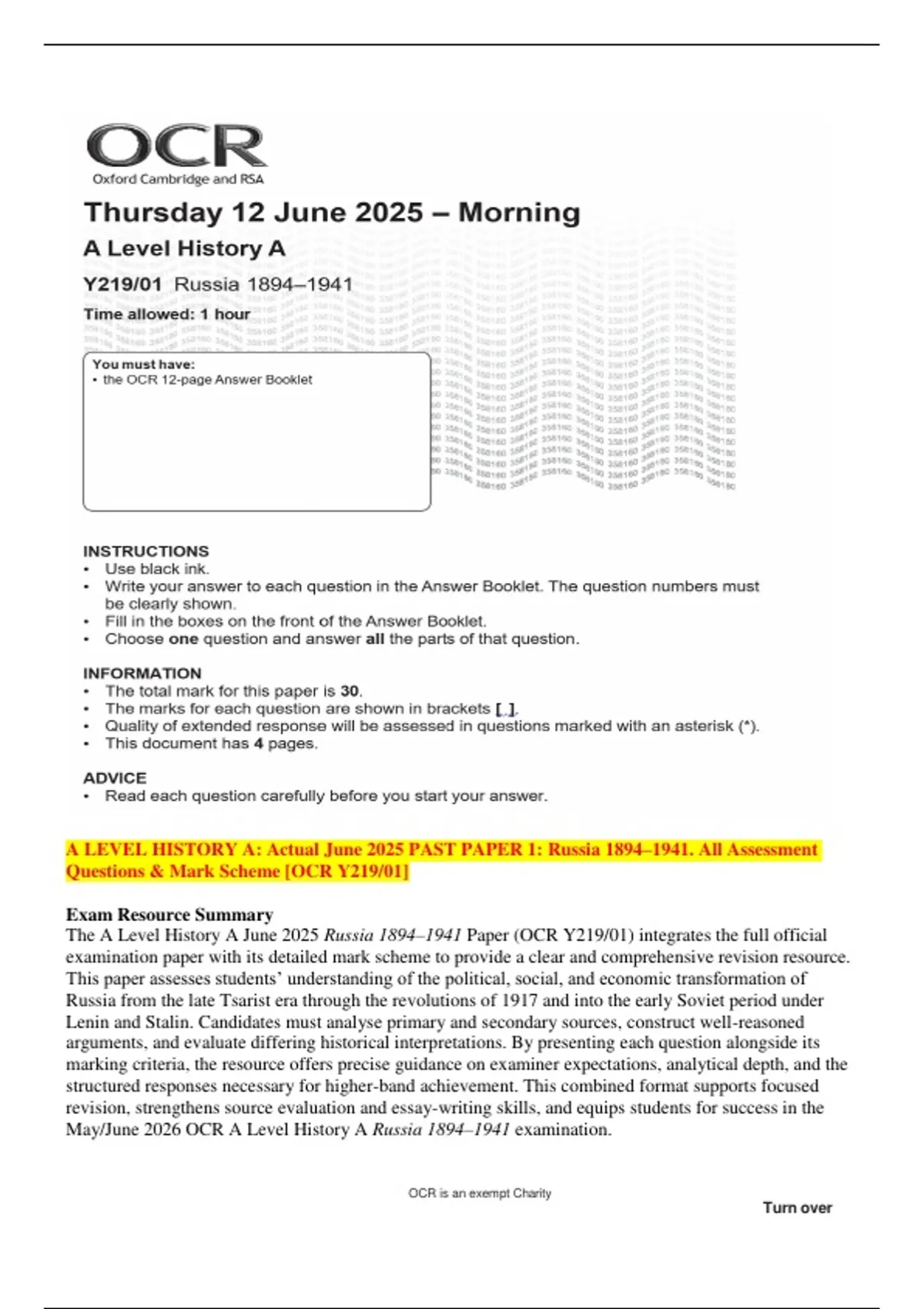 A LEVEL HISTORY A: Actual June 2025 PAST PAPER 1: Russia 1894–1941. All ...