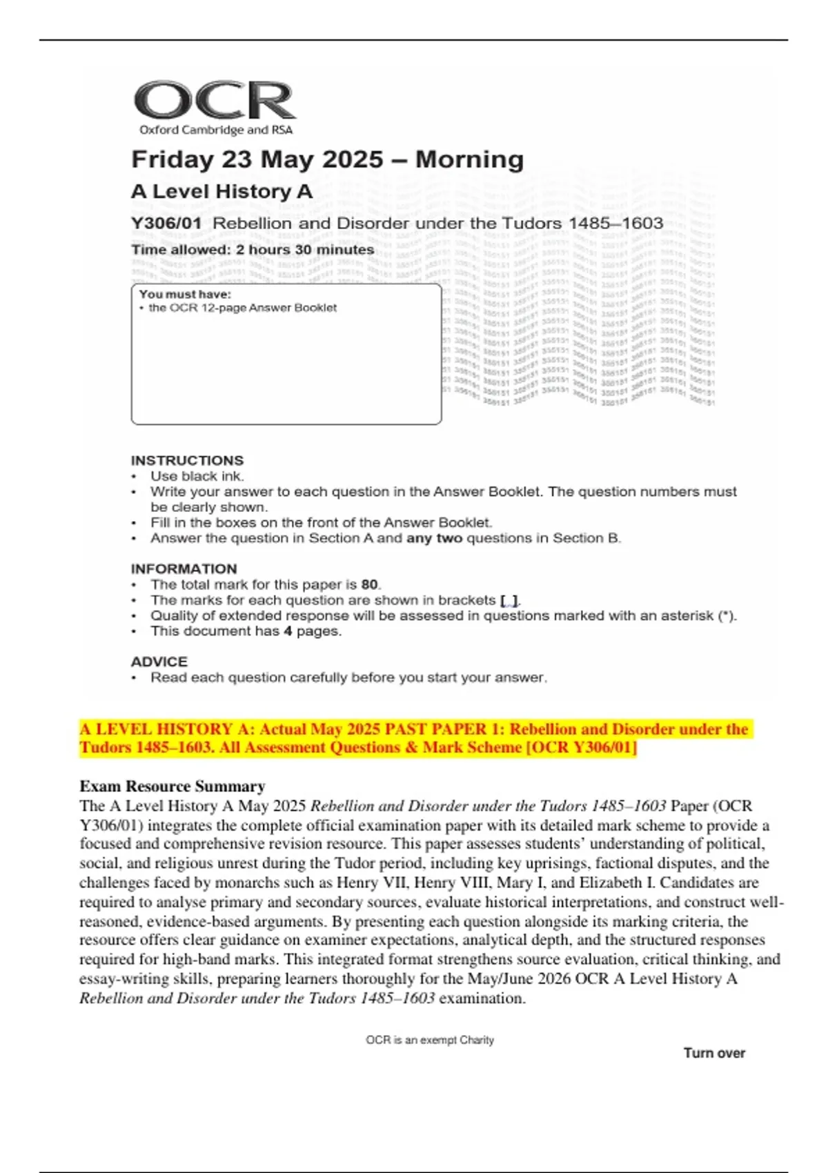 A LEVEL HISTORY A: Actual May 2025 PAST PAPER 1: Rebellion and Disorder ...
