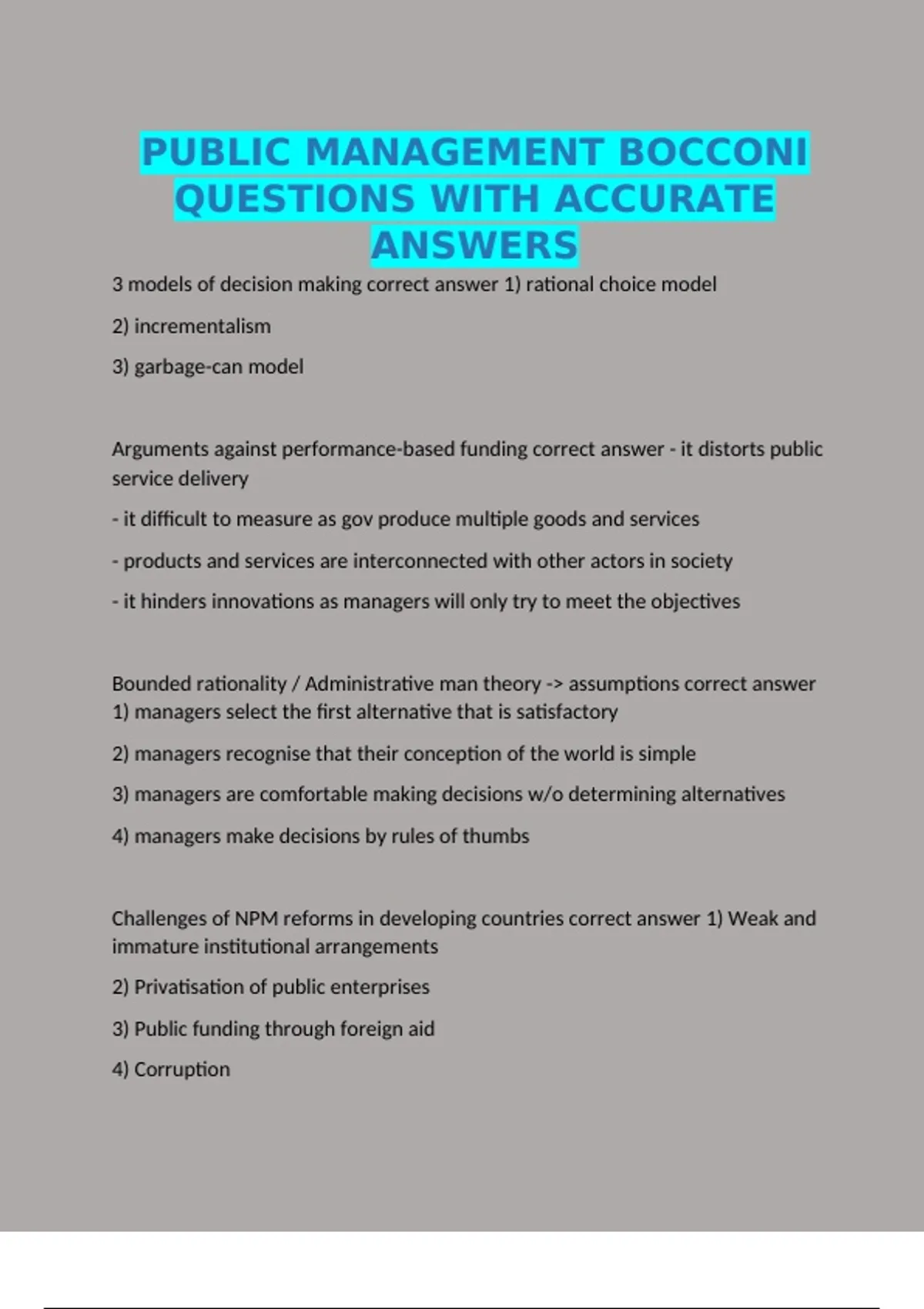 PUBLIC MANAGEMENT BOCCONI QUESTIONS WITH ACCURATE ANSWERS - Political ...
