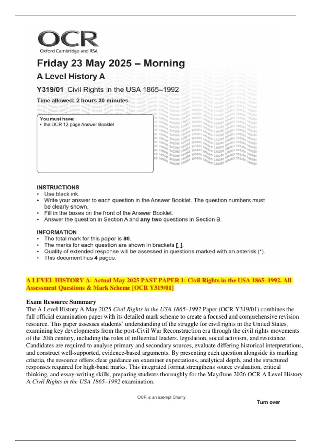 A LEVEL HISTORY A: Actual May 2025 PAST PAPER 1: Civil Rights in the ...