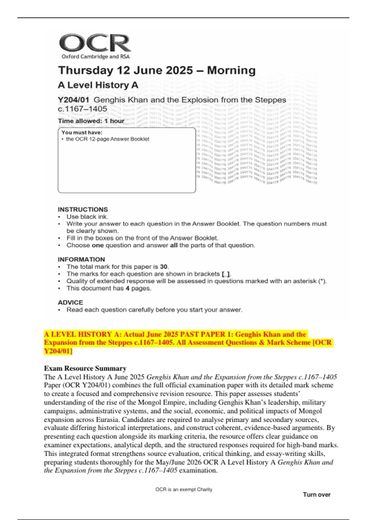 A LEVEL HISTORY A: Actual June 2025 PAST PAPER 1: Genghis Khan and the Expansion from the ...