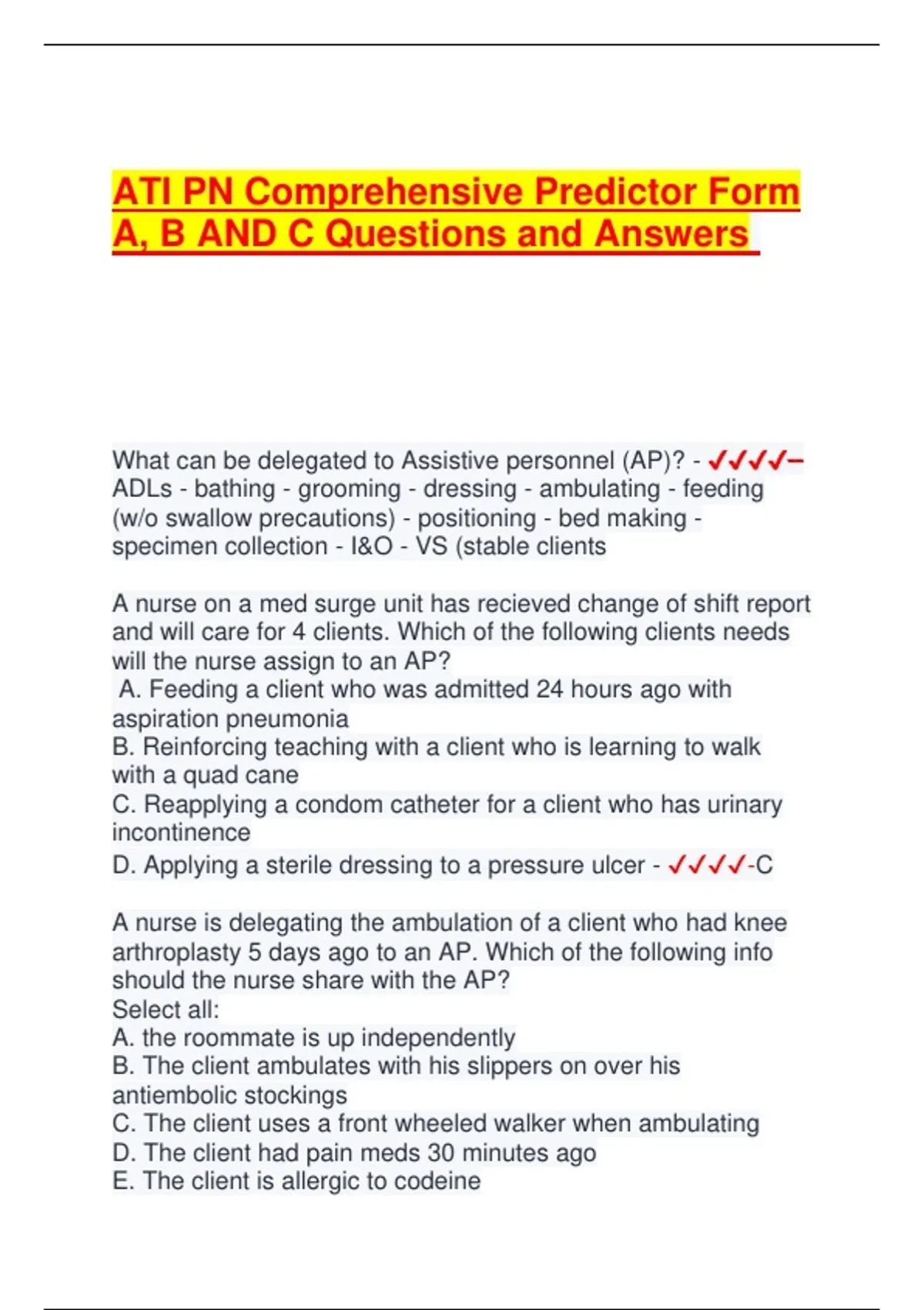 ATI PN Comprehensive Predictor Form A, B AND C Questions and Answers ...