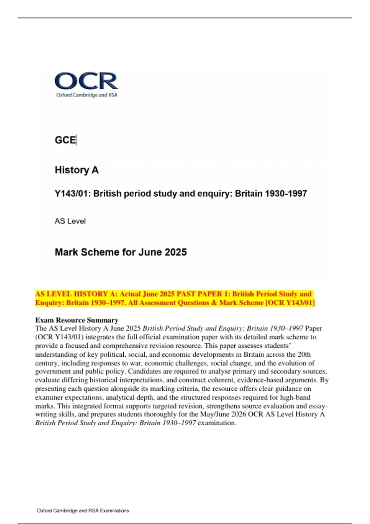 AS LEVEL HISTORY A: Actual June 2025 PAST PAPER 1: British Period Study ...