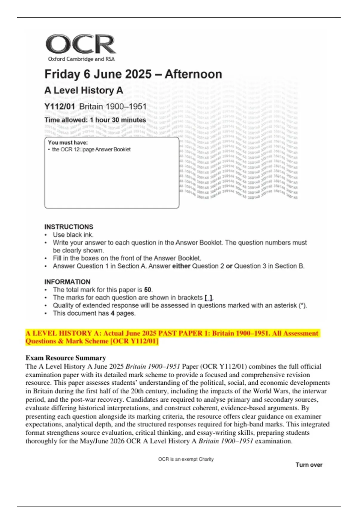 A LEVEL HISTORY A: Actual June 2025 PAST PAPER 1: Britain 1900–1951 ...