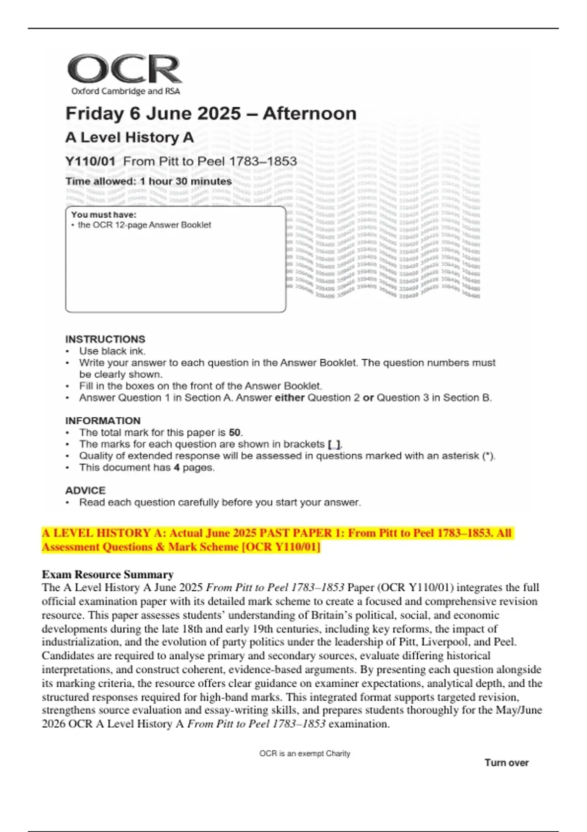 A LEVEL HISTORY A: Actual June 2025 PAST PAPER 1: From Pitt to Peel ...