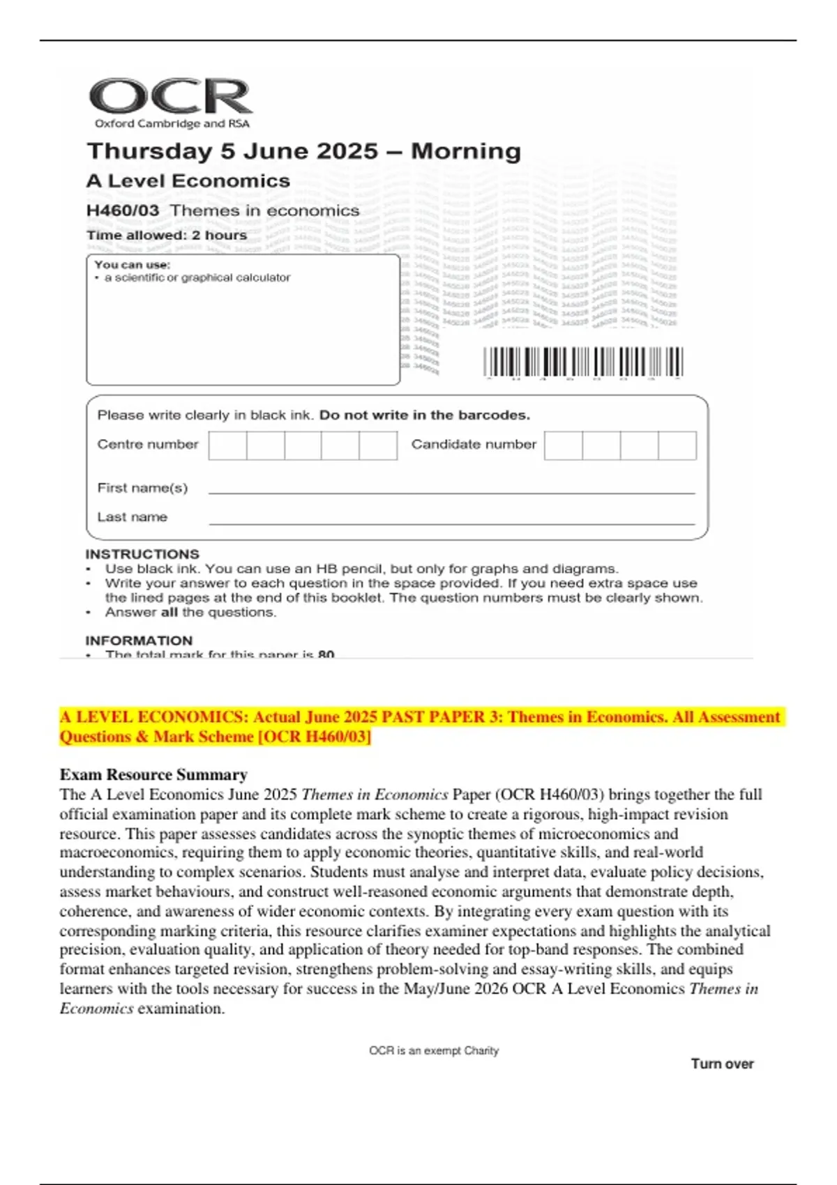 A LEVEL ECONOMICS: Actual June 2025 PAST PAPER 3: Themes in Economics ...