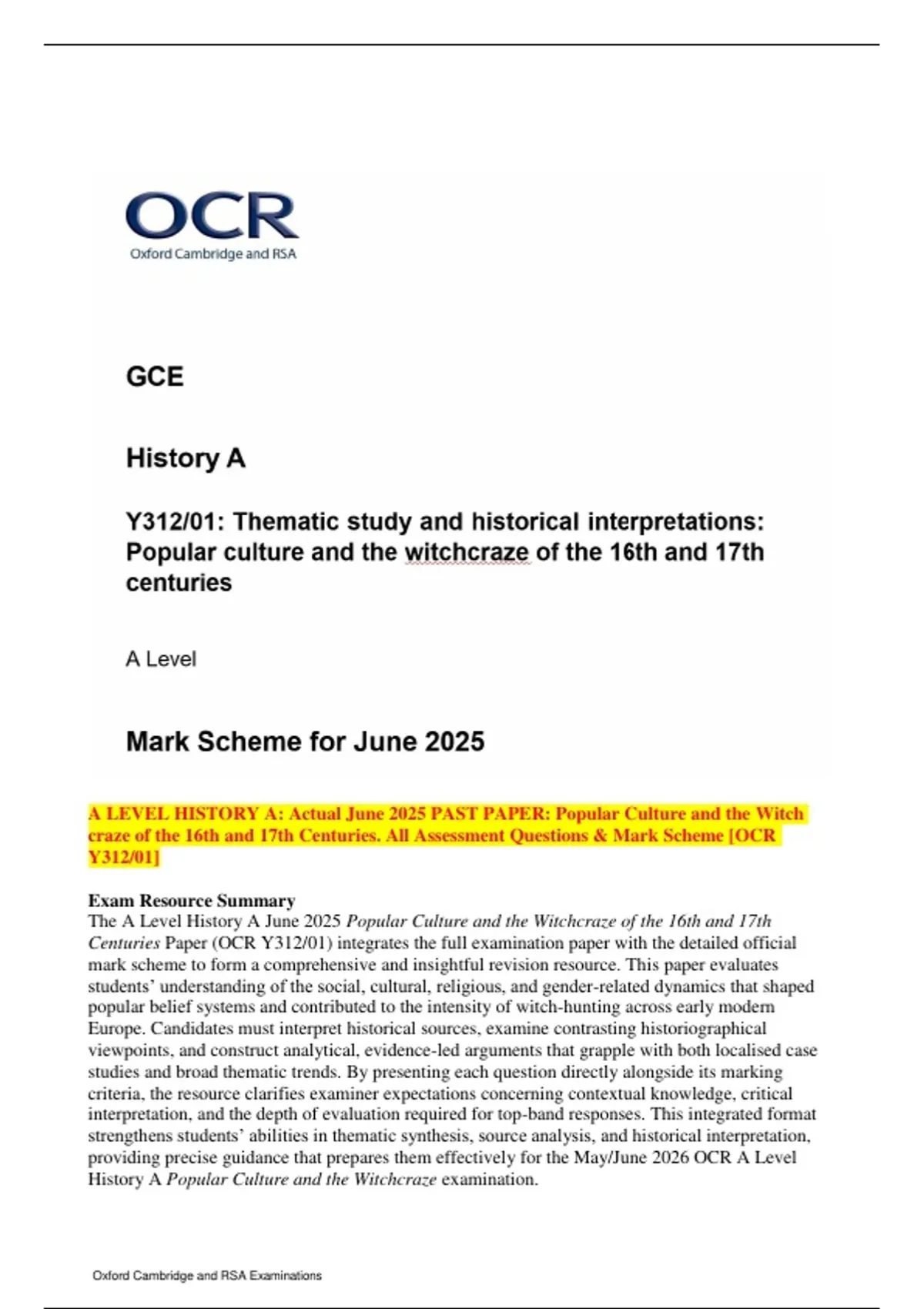 A LEVEL HISTORY A: Actual June 2025 PAST PAPER: Popular Culture and the ...