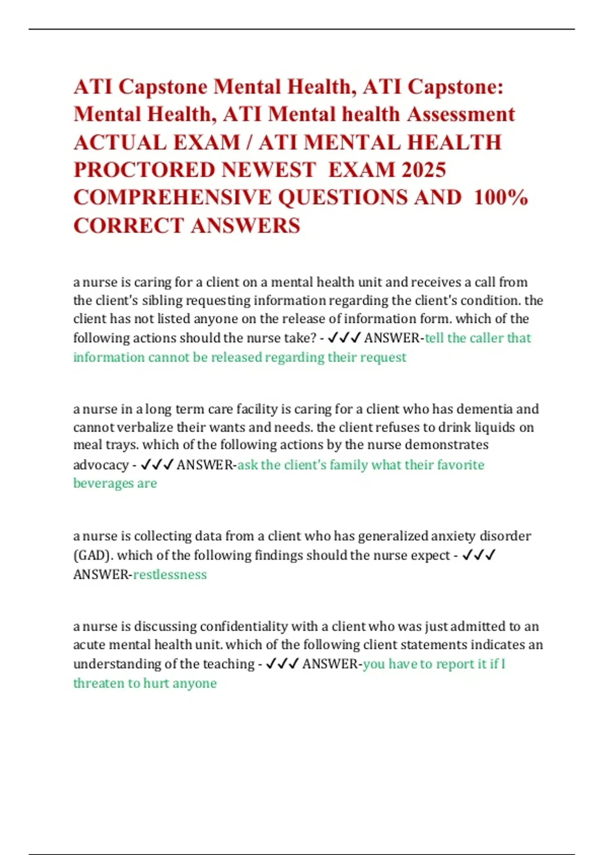 ATI Capstone Mental Health, ATI Capstone: Mental Health, ATI Mental ...