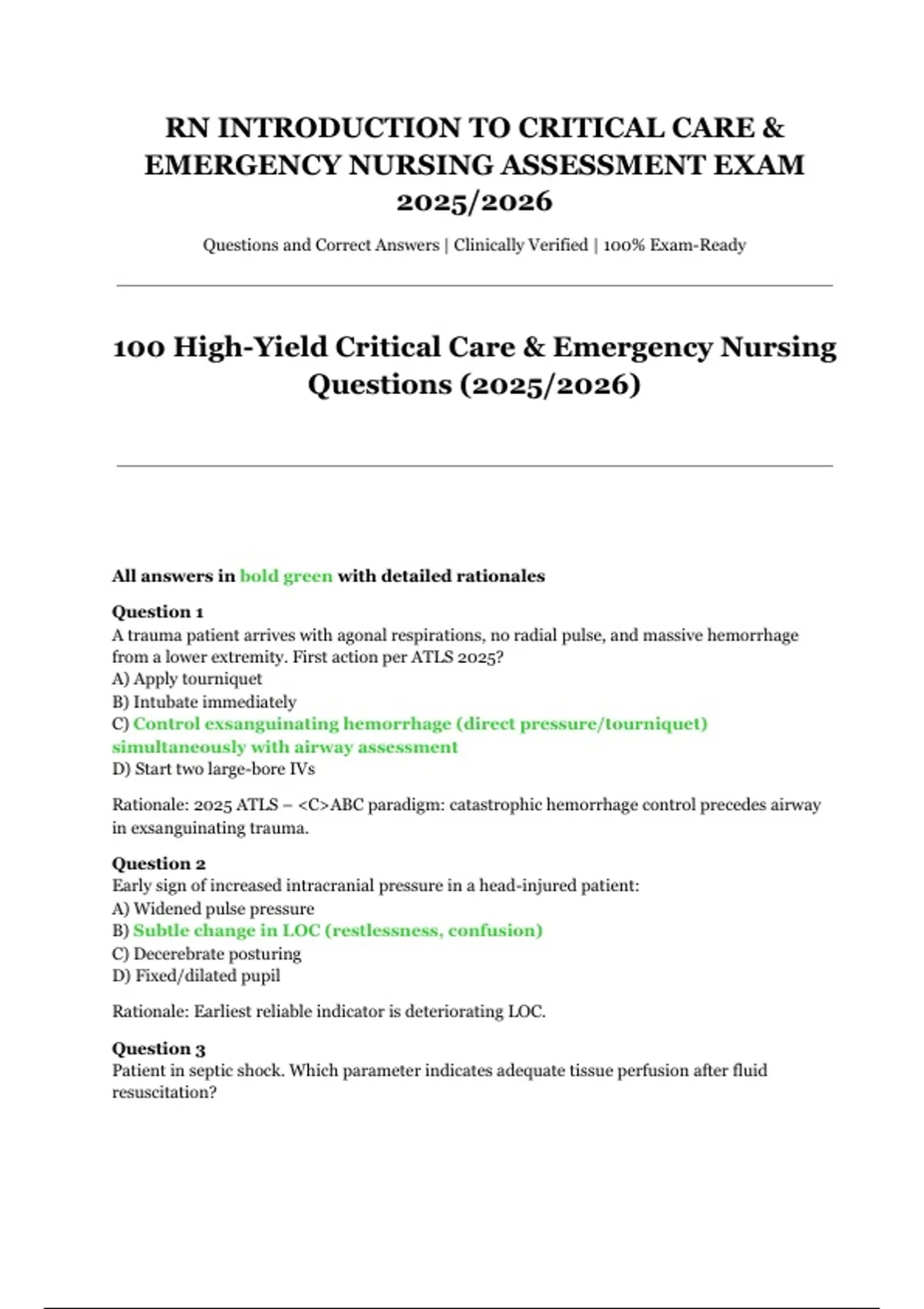 RN Introduction to Critical Care & Emergency Nursing Assessment Exam ...