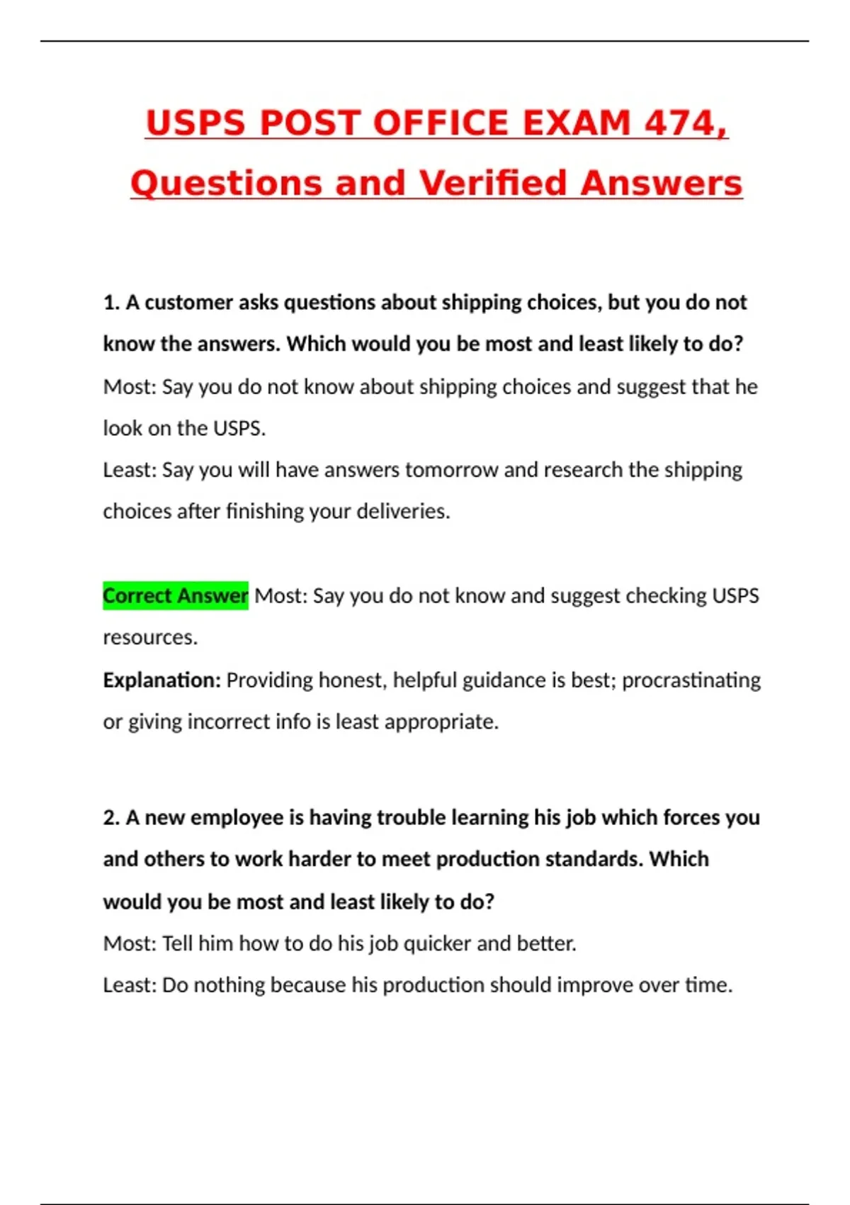 USPS POST OFFICE EXAM 474 Actual 2025 Exam with Questions and Answers ...