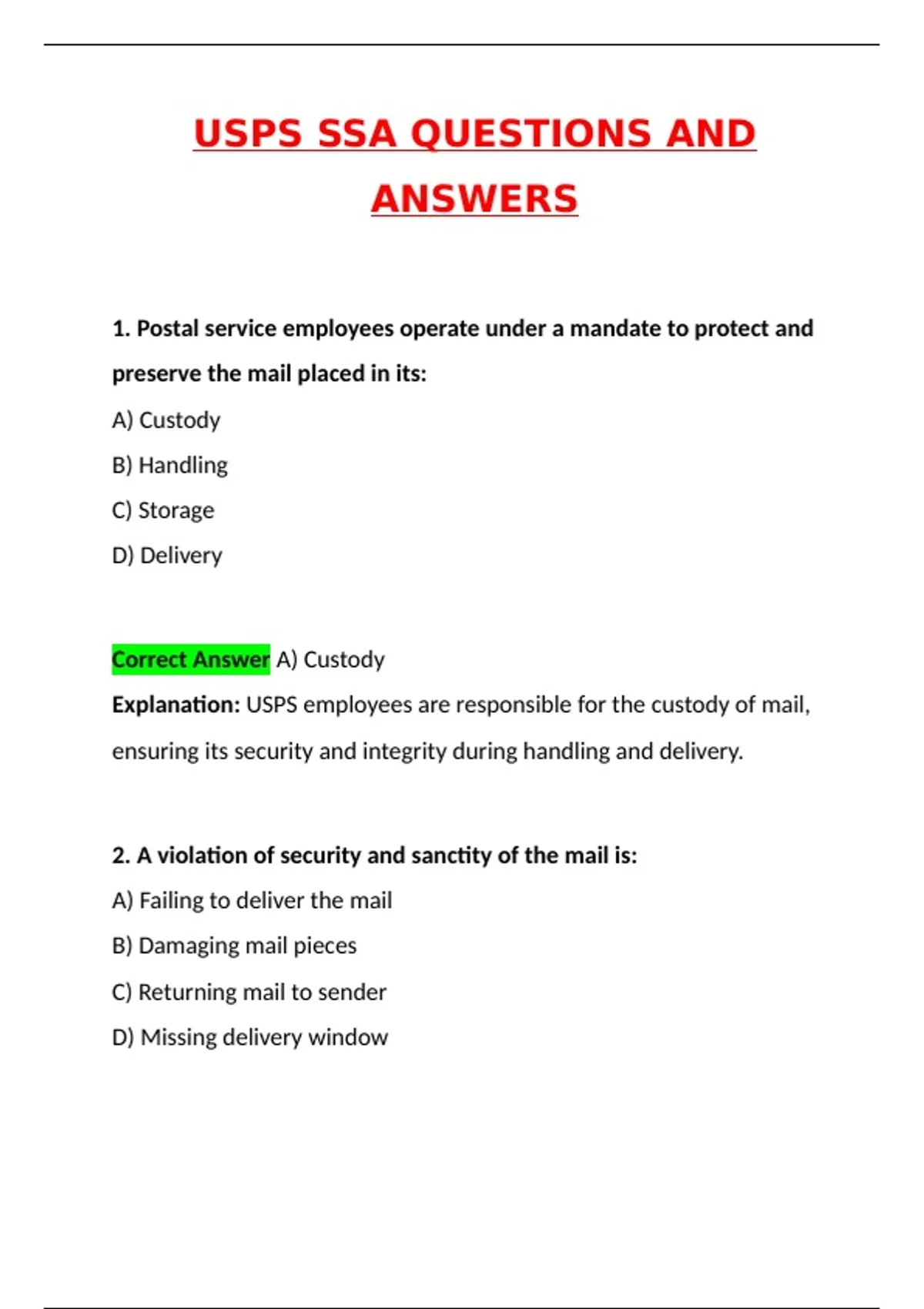 USPS SSA EXAM Actual 2025 Exam with Questions and Answers (2025 / 2026 ...