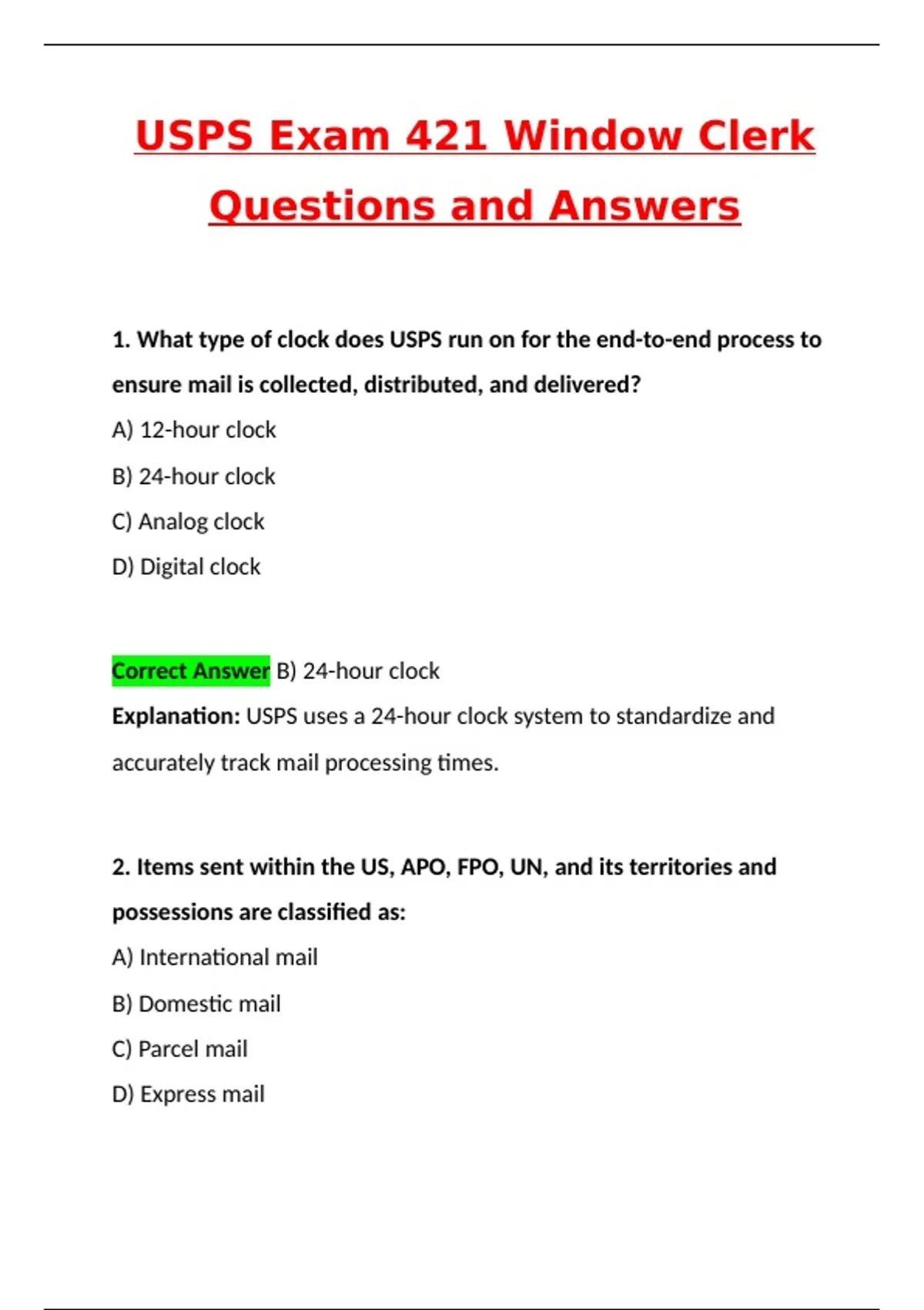 USPS Exam 421 Window Clerk Actual 2025 Exam with Questions and Answers ...