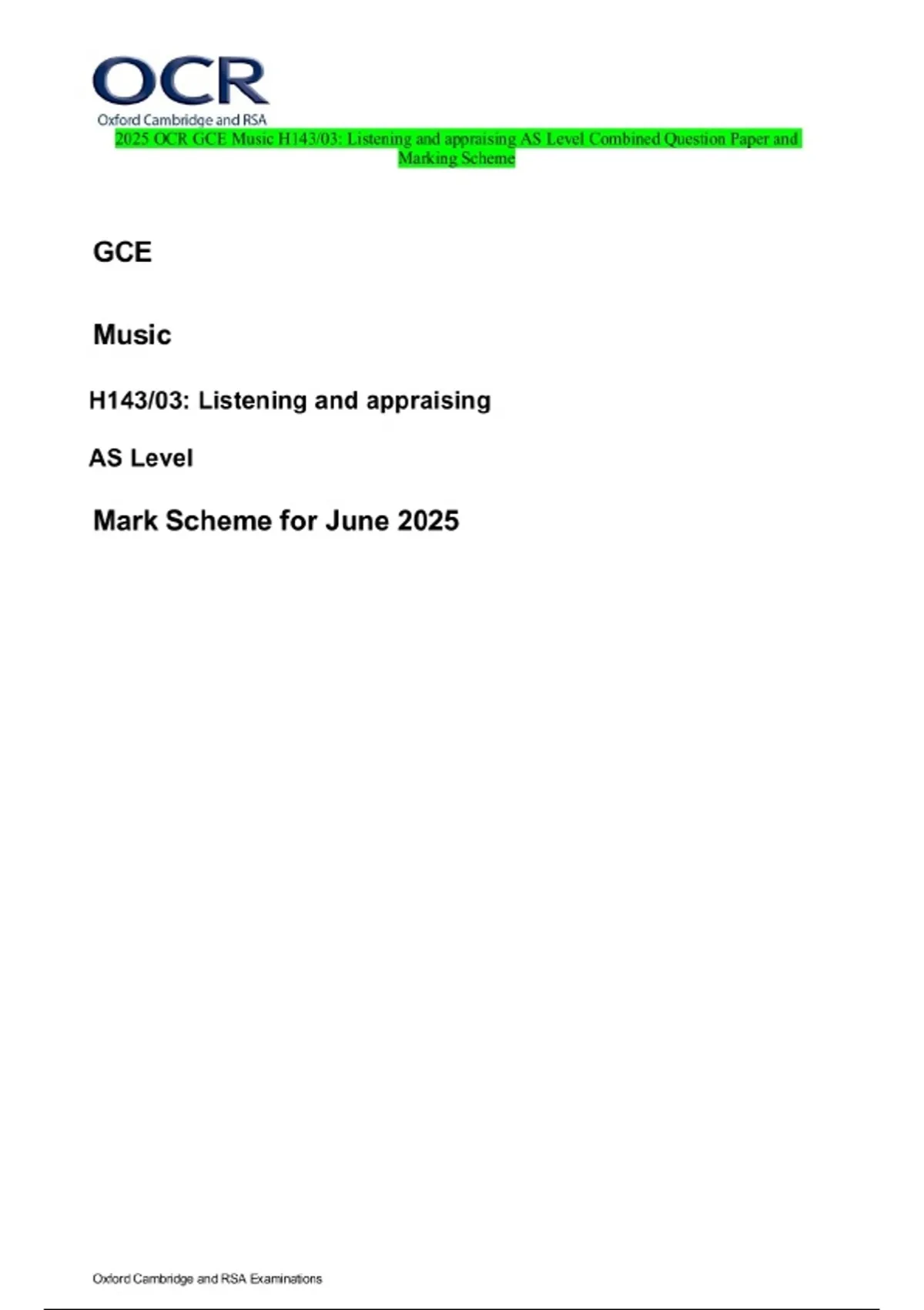 2025 OCR GCE Music H143/03: Listening and appraising AS Level Combined ...