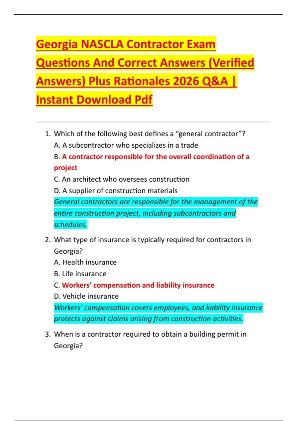 Georgia NASCLA Contractor Exam Questions And Correct Answers (Verified ...