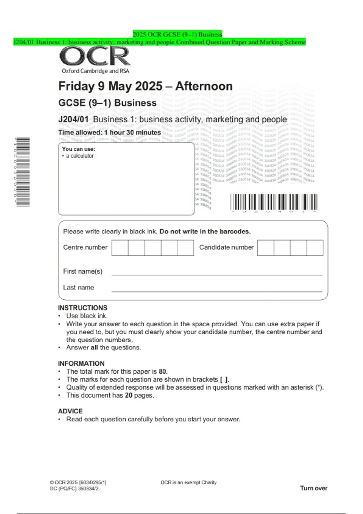2025 OCR GCSE (9–1) Business J204/01 Business 1: business activity ...