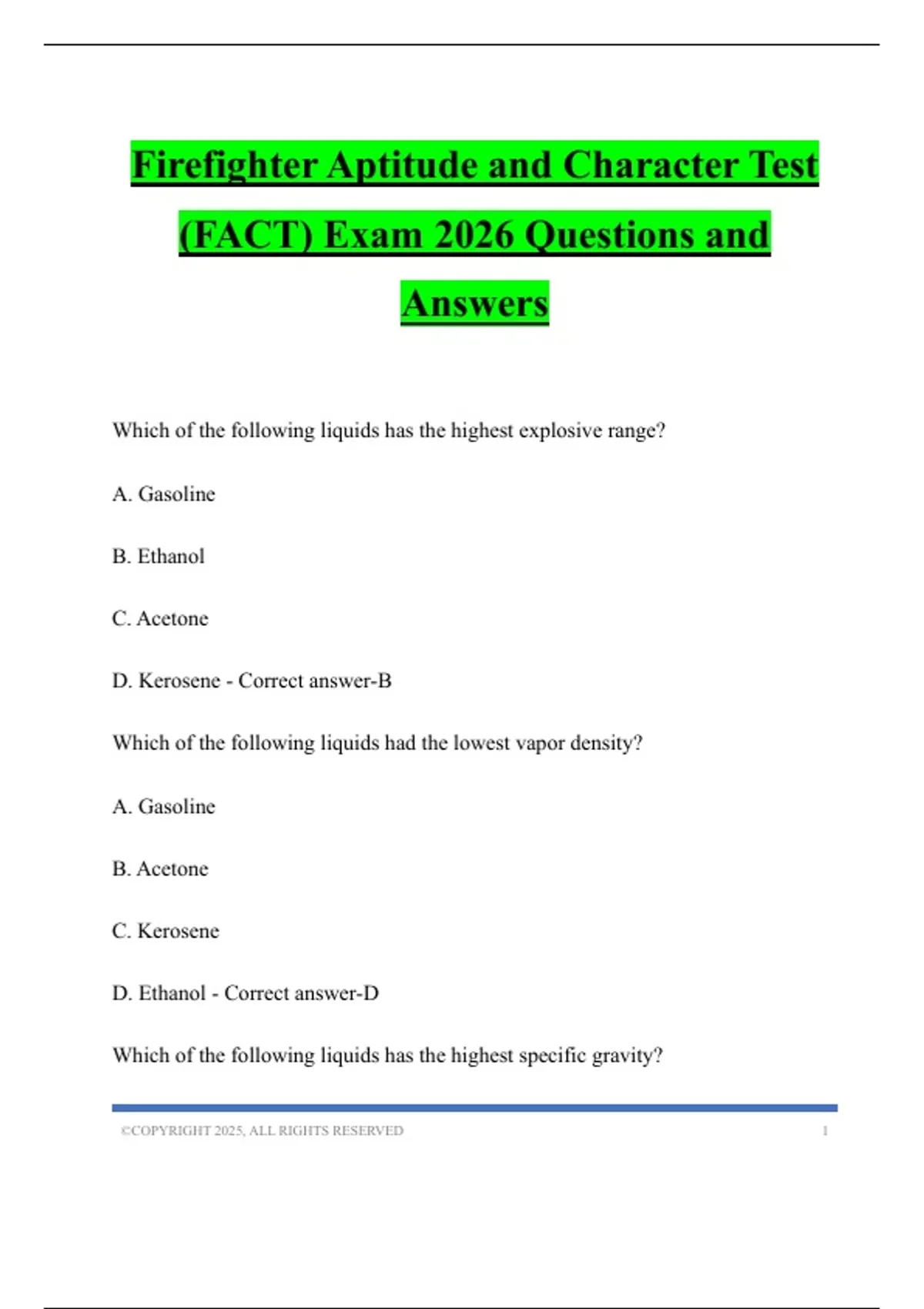 Firefighter Aptitude and Character Test (FACT) Exam 2026 Questions and ...