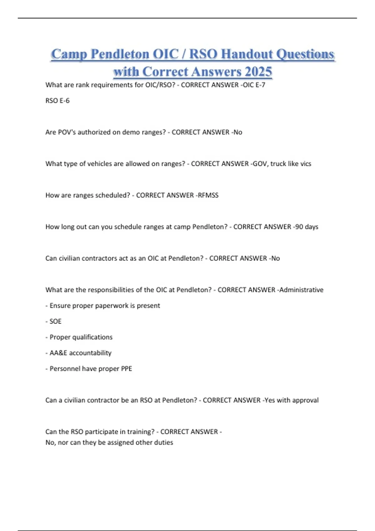 Camp Pendleton OIC / RSO Handout Questions with Correct Answers 2025 ...