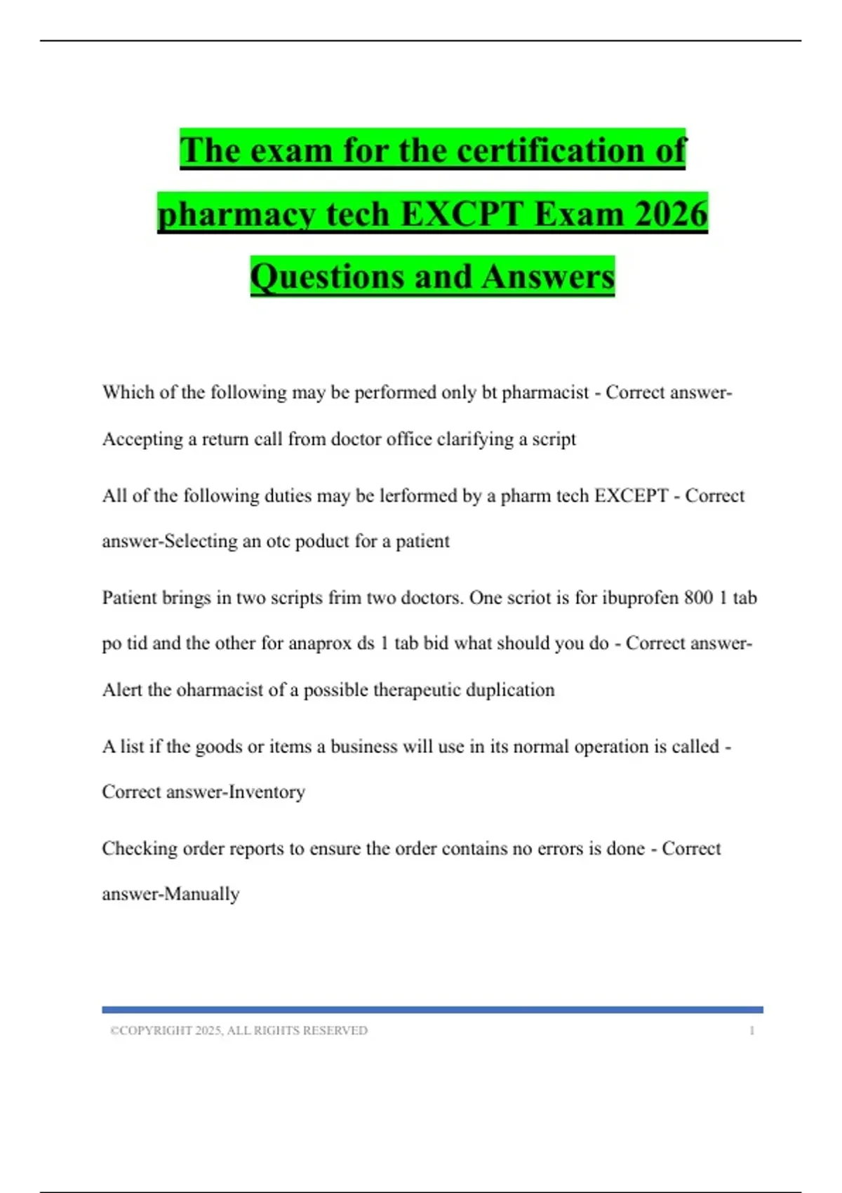 The exam for the certification of pharmacy tech EXCPT Exam 2026 ...