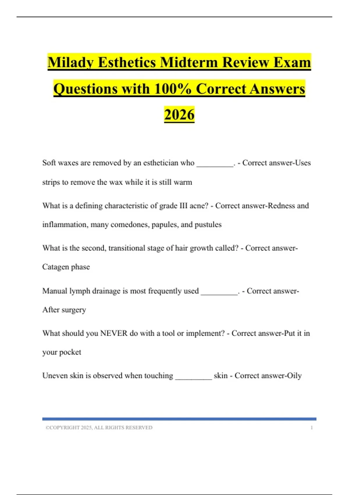 Milady Esthetics Midterm Review Exam Questions with 100% Correct ...