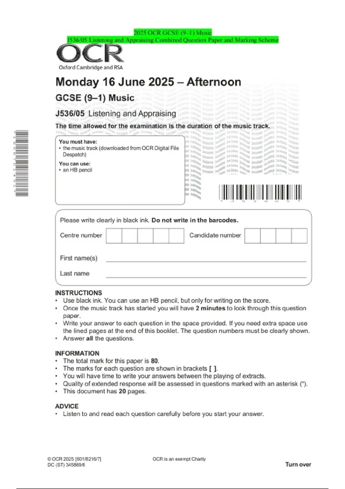 2025 OCR GCSE (9–1) Music J536/05 Listening and Appraising Combined ...