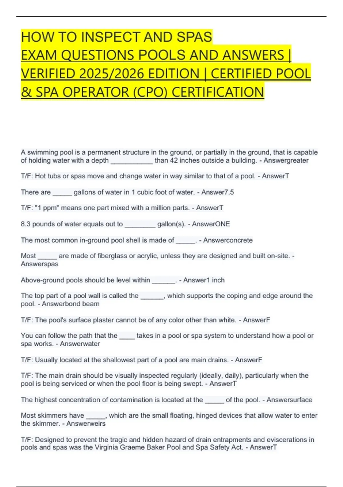 HOW TO INSPECT SPAS AND POOLS EXAM QUESTIONS AND ANSWERS | VERIFIED ...