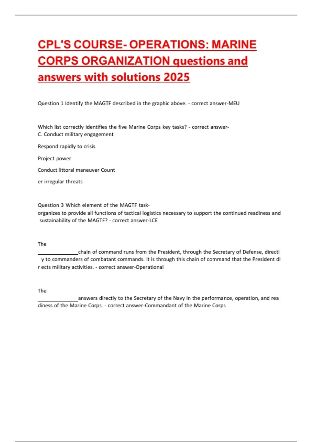 CPL-S COURSE- OPERATIONS-MARINE CORPS ORGANIZATION questions and ...