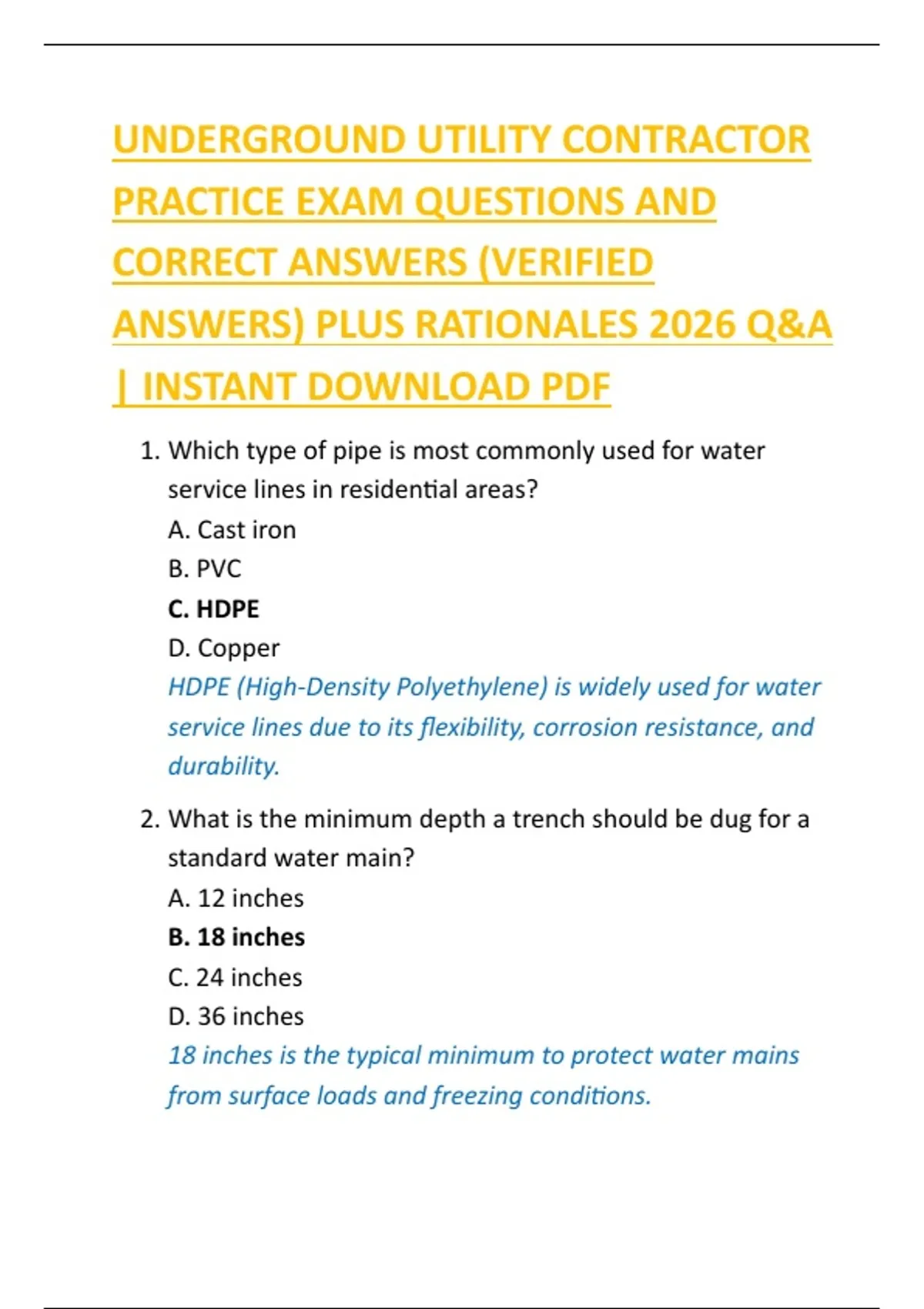 UNDERGROUND UTILITY CONTRACTOR PRACTICE EXAM QUESTIONS AND CORRECT ...