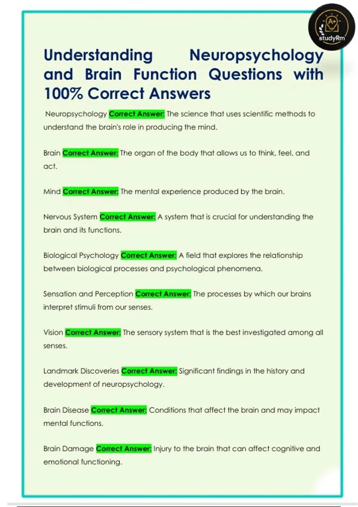 Understanding Neuropsychology and Brain Function Questions with 100% ...