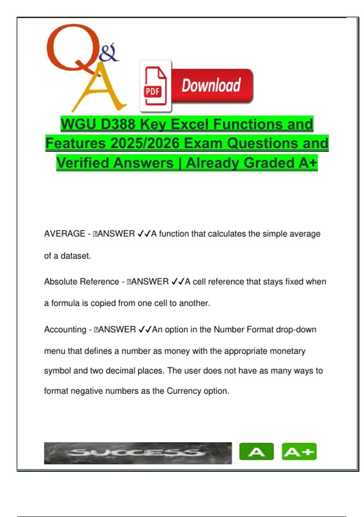 WGU D388 Excel – 80+ Verified Q&As | Functions, Charts, Cell References, PivotTables ...