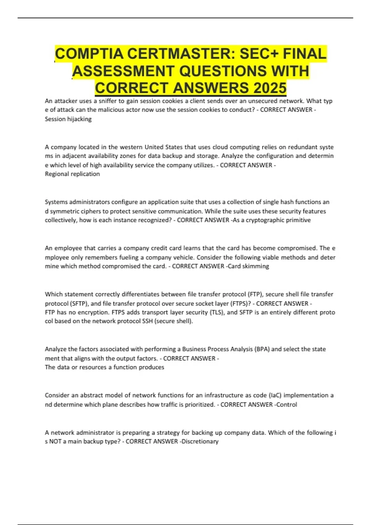 COMPTIA CERTMASTER- SEC+ FINAL ASSESSMENT QUESTIONS WITH CORRECT ...
