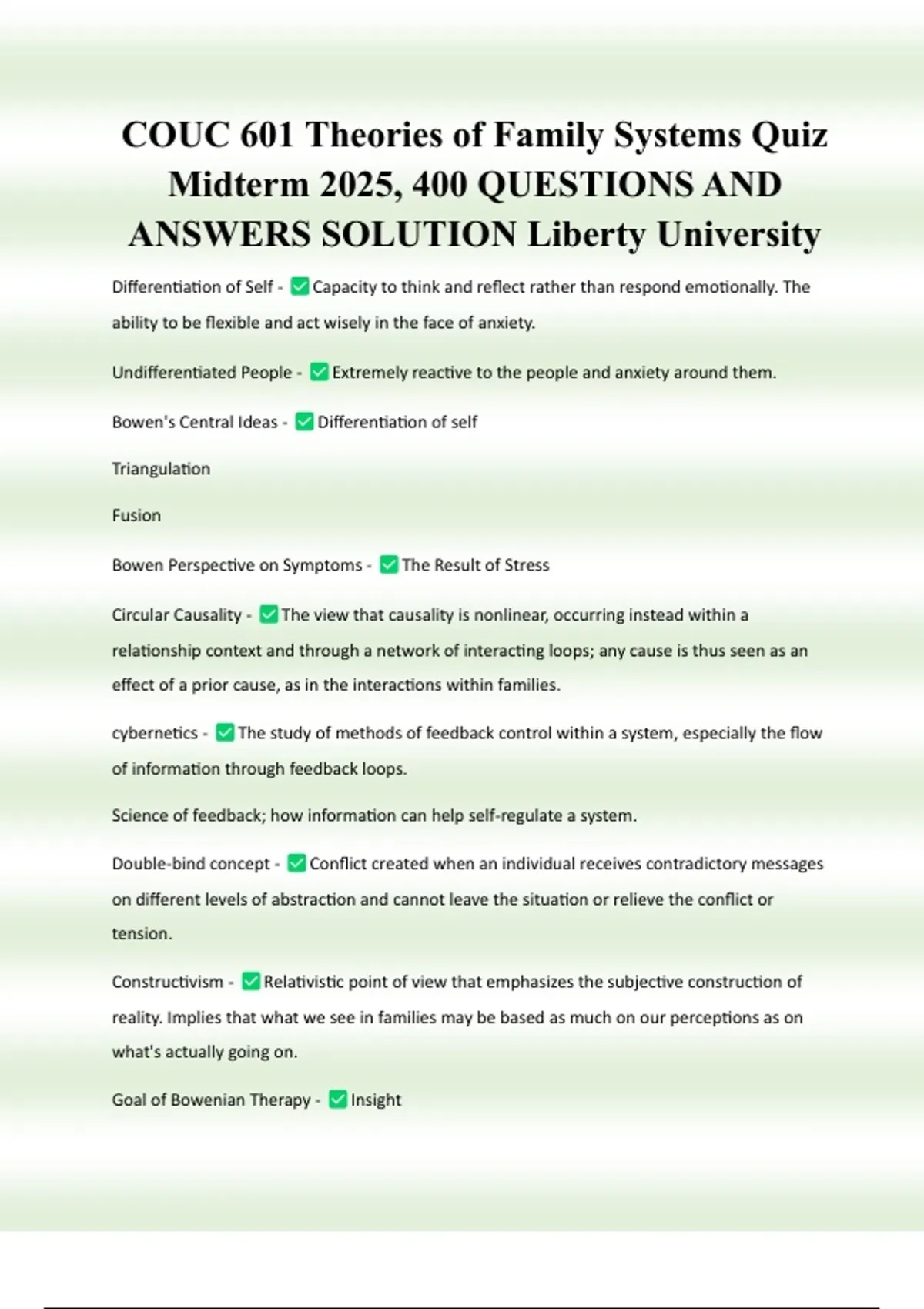 COUC 601 Theories of Family Systems Quiz Midterm 2025, 400 QUESTIONS ...