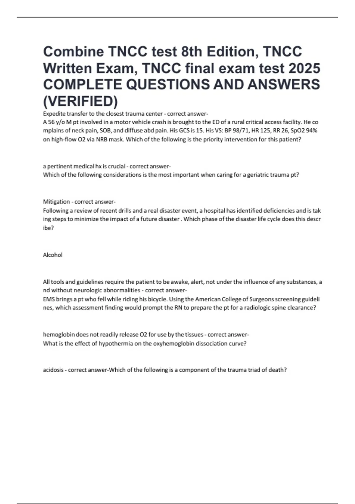 TNCC PRACTICE QUESTIONS WITH CORRECT ANSWERS . - Stuvia US