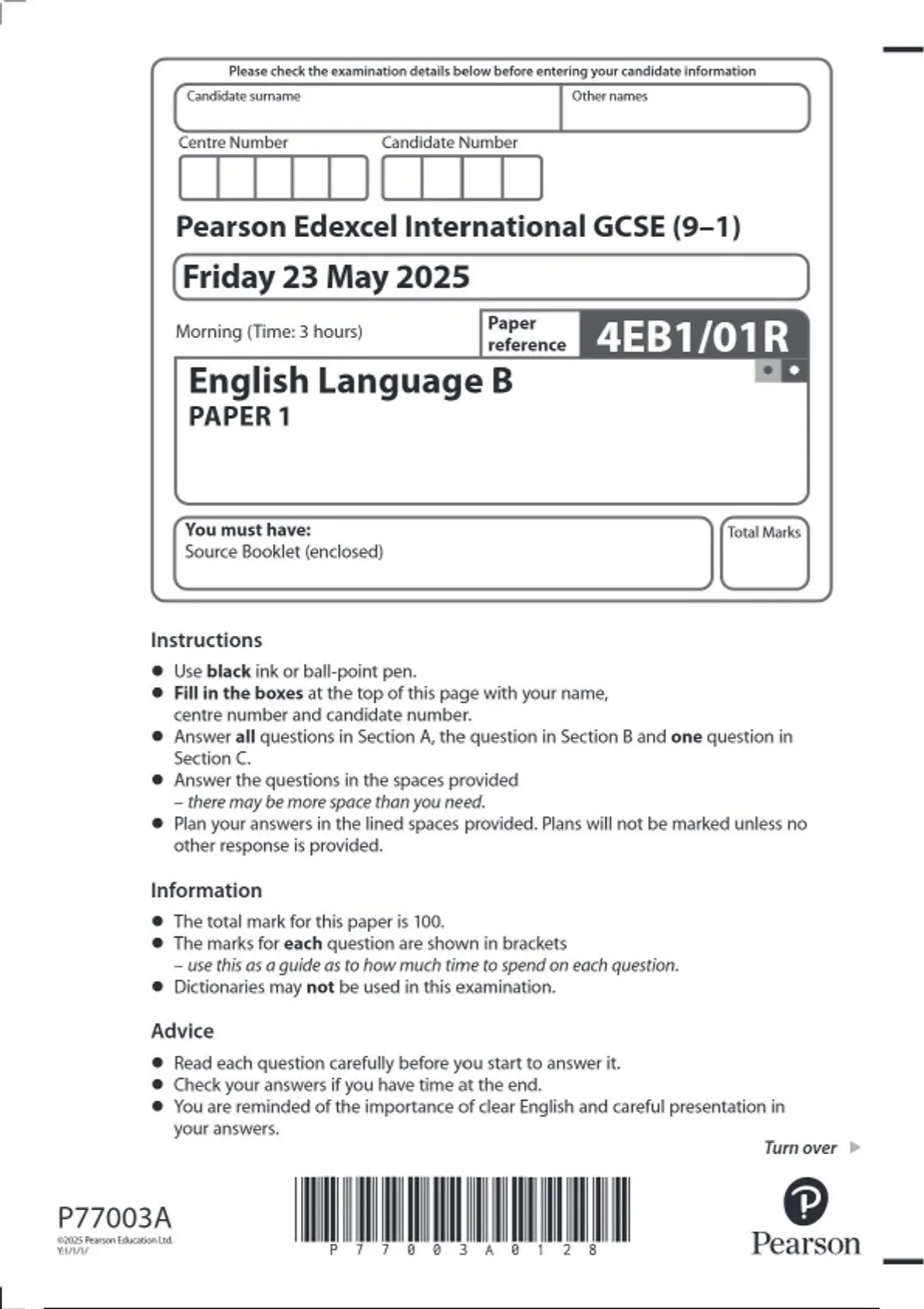 2025 Pearson Edexcel IGCSE English Language B (9–1) PAPER 1R (4EB1/01R ...