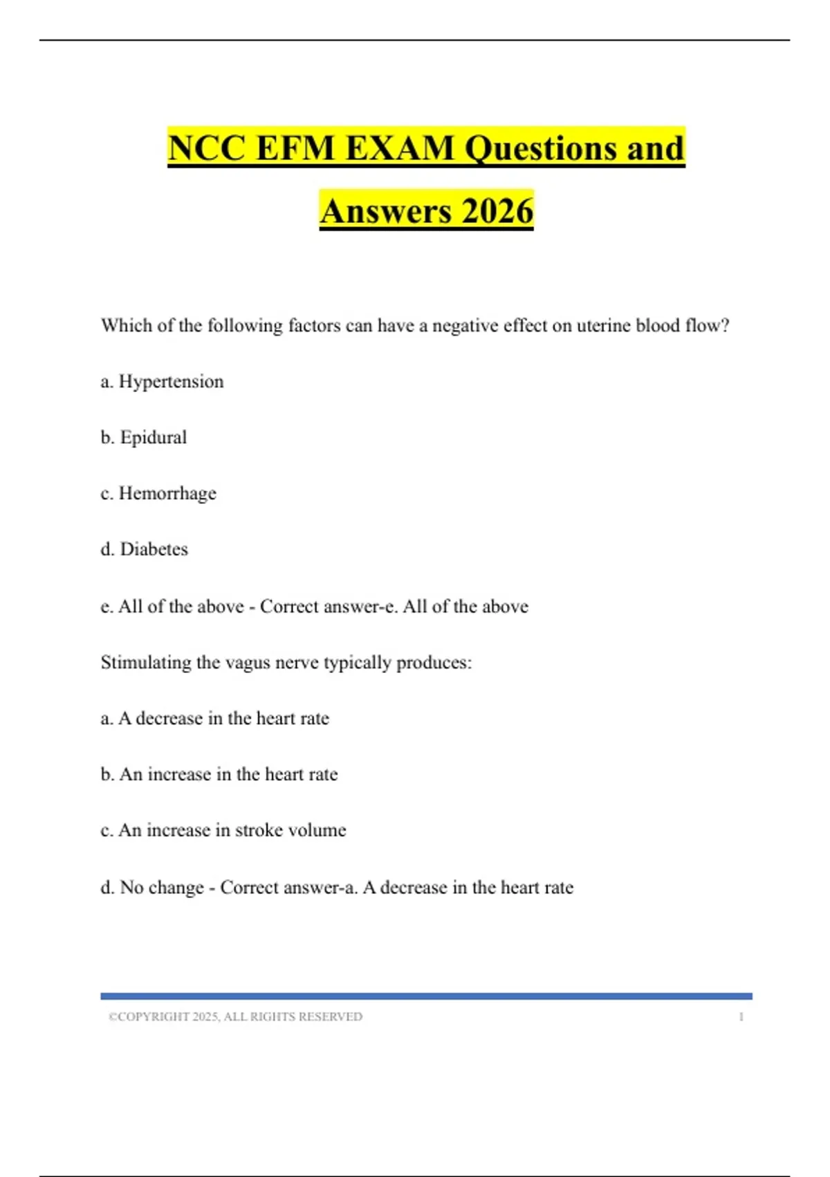 NCC EFM EXAM Questions and Answers 2026 - ANCC FNP - Stuvia US