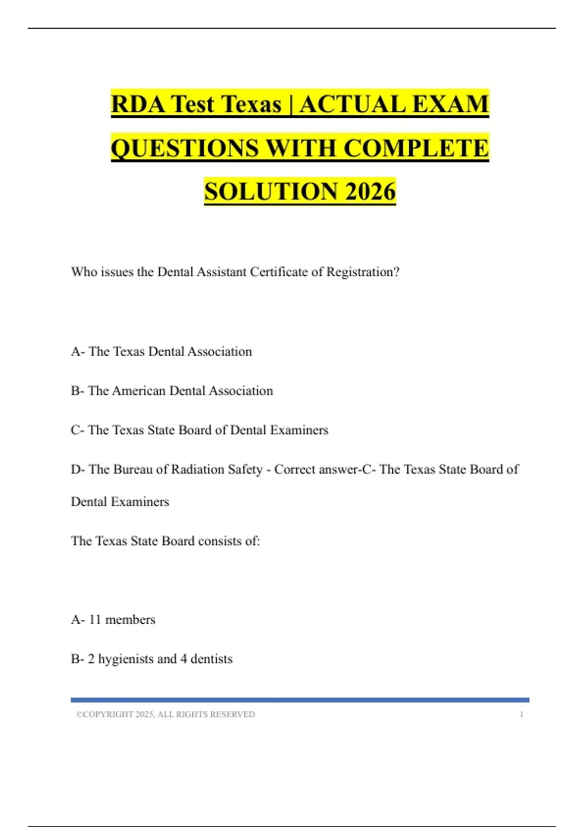 RDA Test Texas | ACTUAL EXAM QUESTIONS WITH COMPLETE SOLUTION 2026 ...