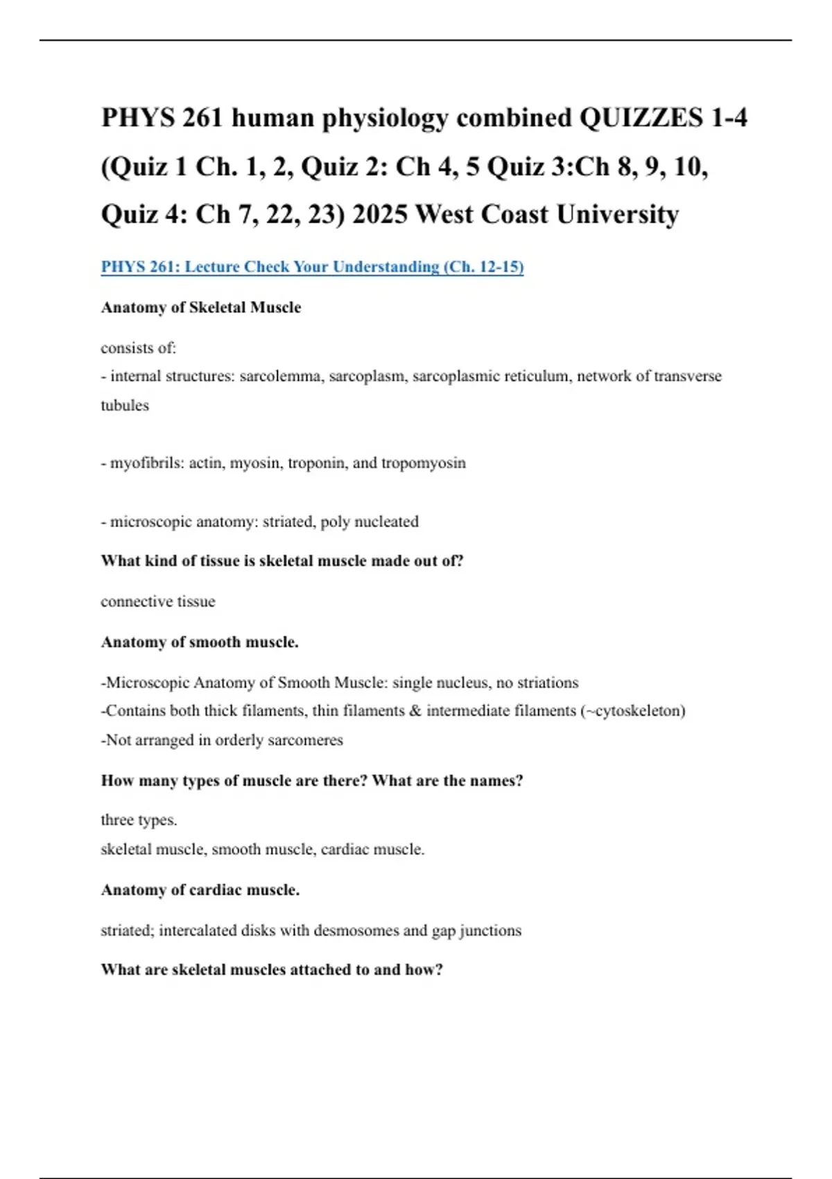 PHYS 261 human physiology combined QUIZZES 1-4 (Quiz 1 Ch. 1, 2, Quiz 2: Ch 4, 5 Quiz 3:Ch 8, 9 ...