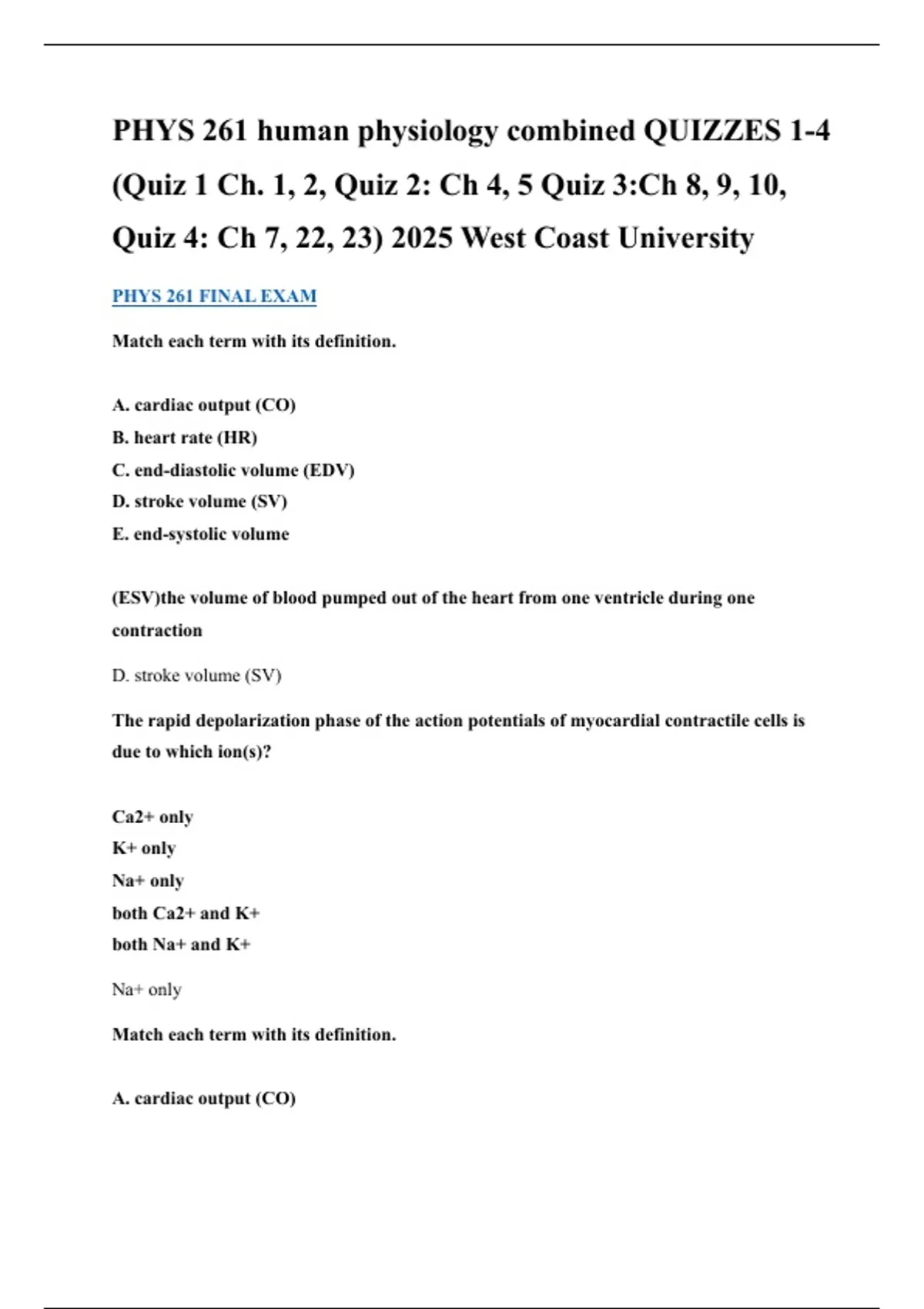 PHYS 261 human physiology combined QUIZZES 1-4 (Quiz 1 Ch. 1, 2, Quiz 2 ...