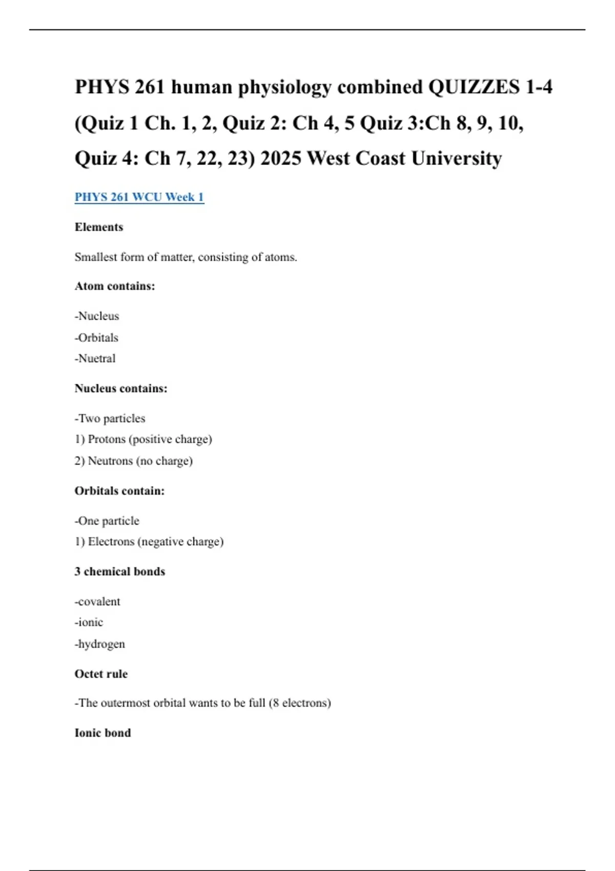 PHYS 261 human physiology combined QUIZZES 1-4 (Quiz 1 Ch. 1, 2, Quiz 2 ...