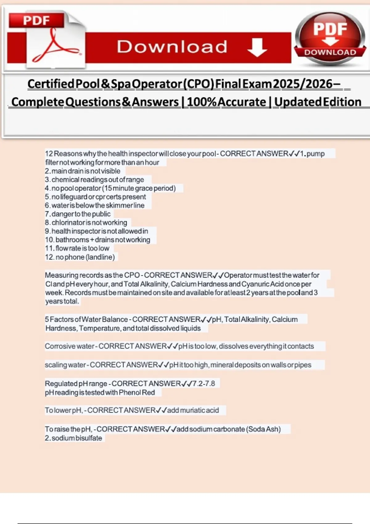Certified Pool & Spa Operator (CPO) Final Exam – Complete Questions ...