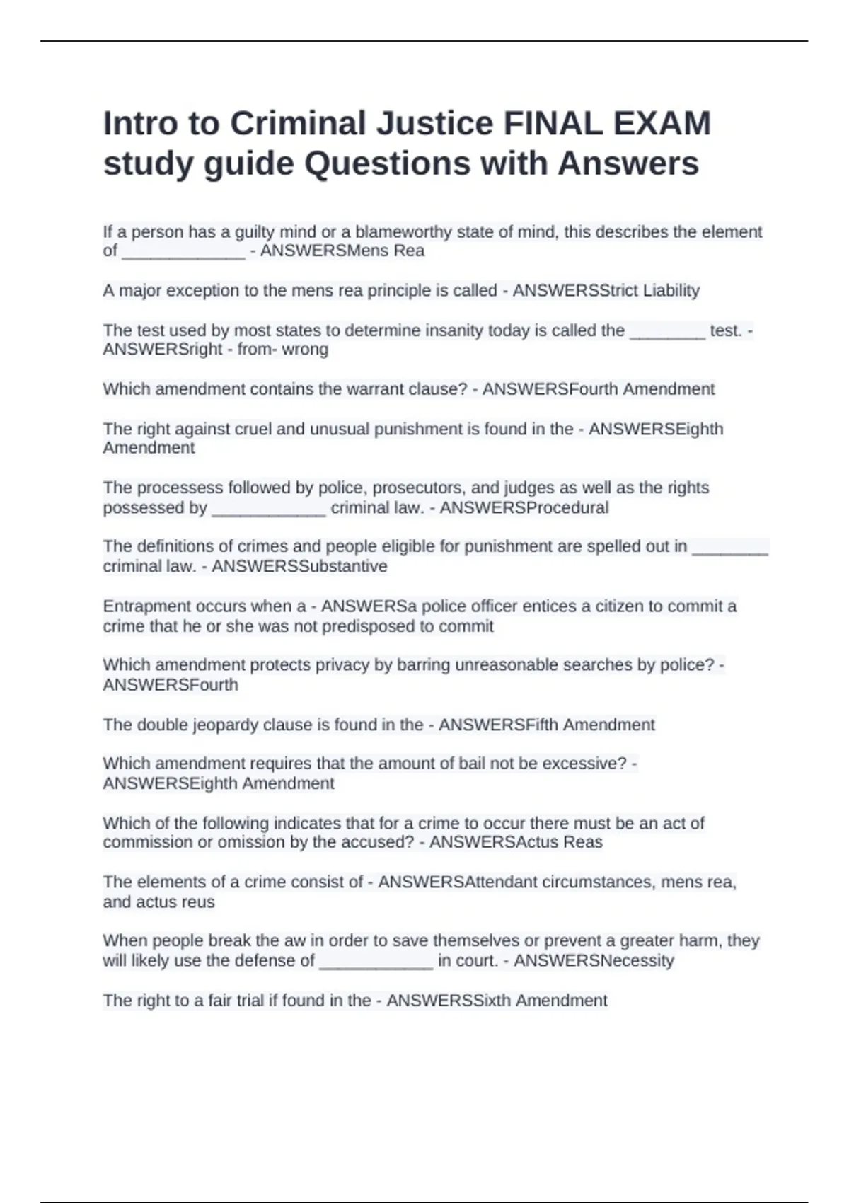 Intro to Criminal Justice FINAL EXAM study guide Questions with Answers ...