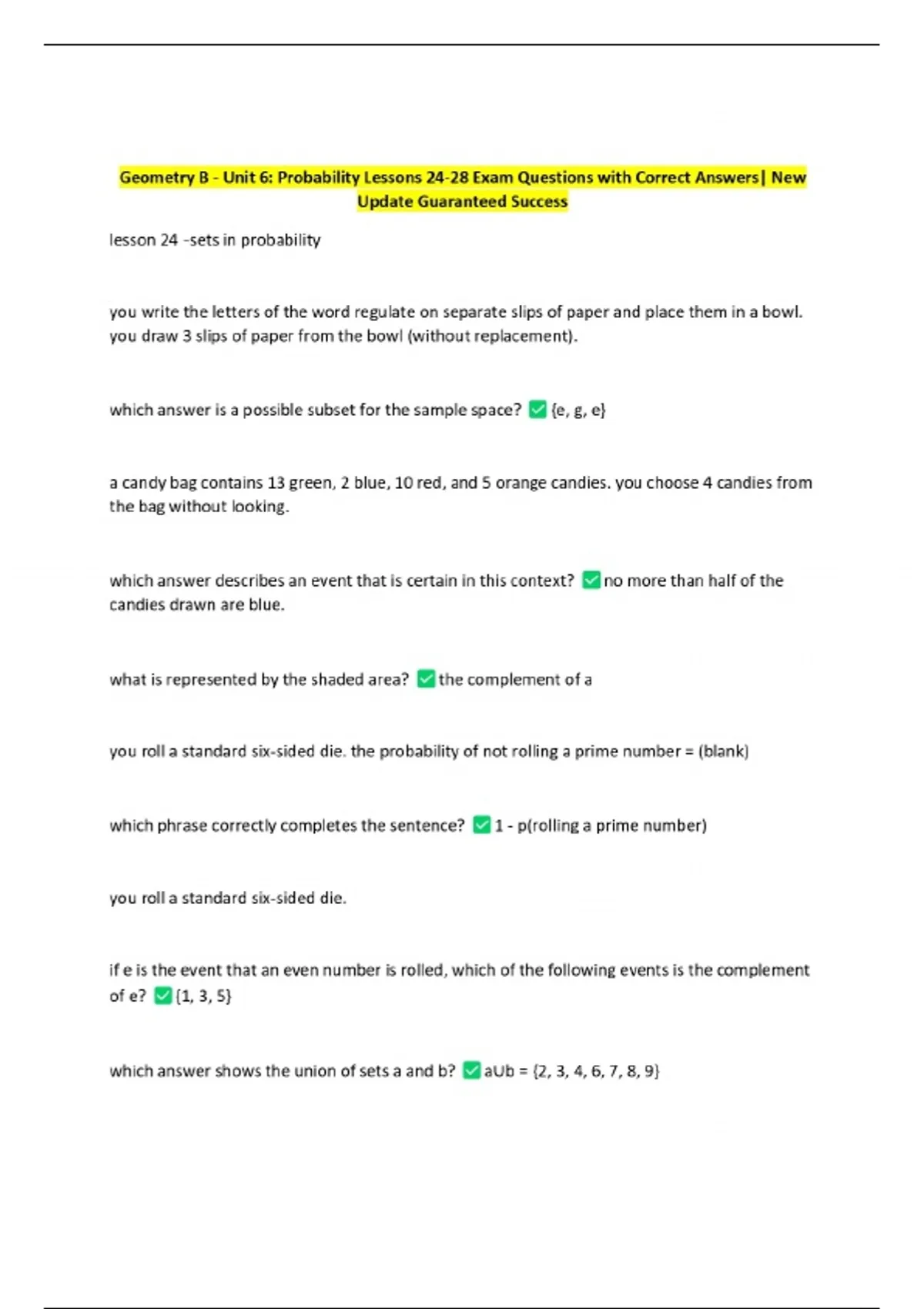 Geometry B - Unit 6: Probability Lessons 24-28 Exam Questions with ...