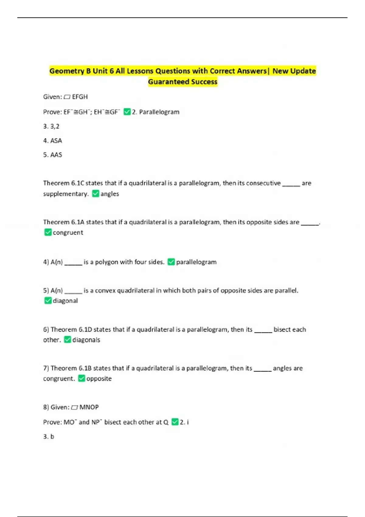 Geometry B Unit 6 All Lessons Questions with Correct Answers| New ...