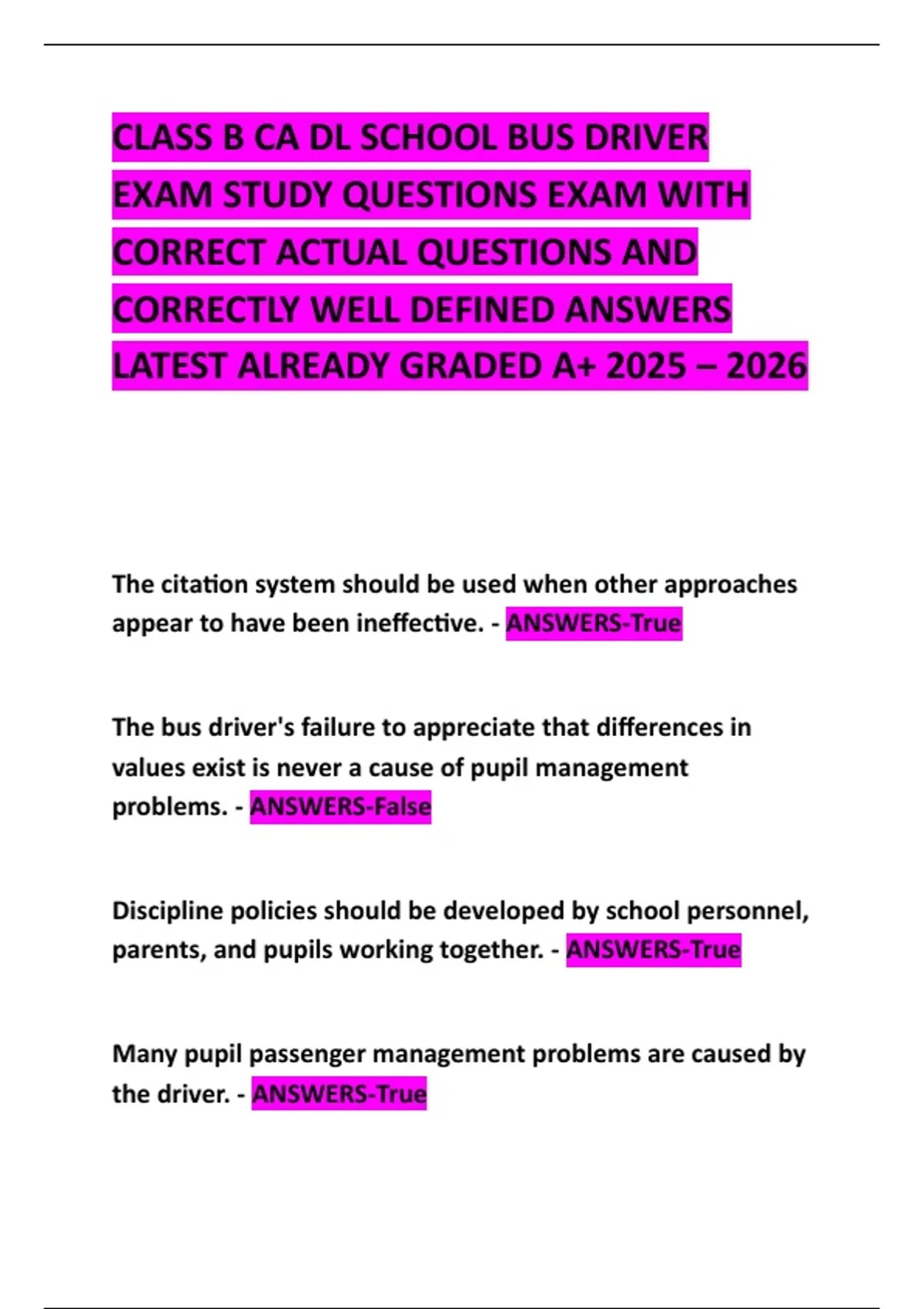 CLASS B CA DL SCHOOL BUS DRIVER EXAM STUDY QUESTIONS EXAM WITH CORRECT ...