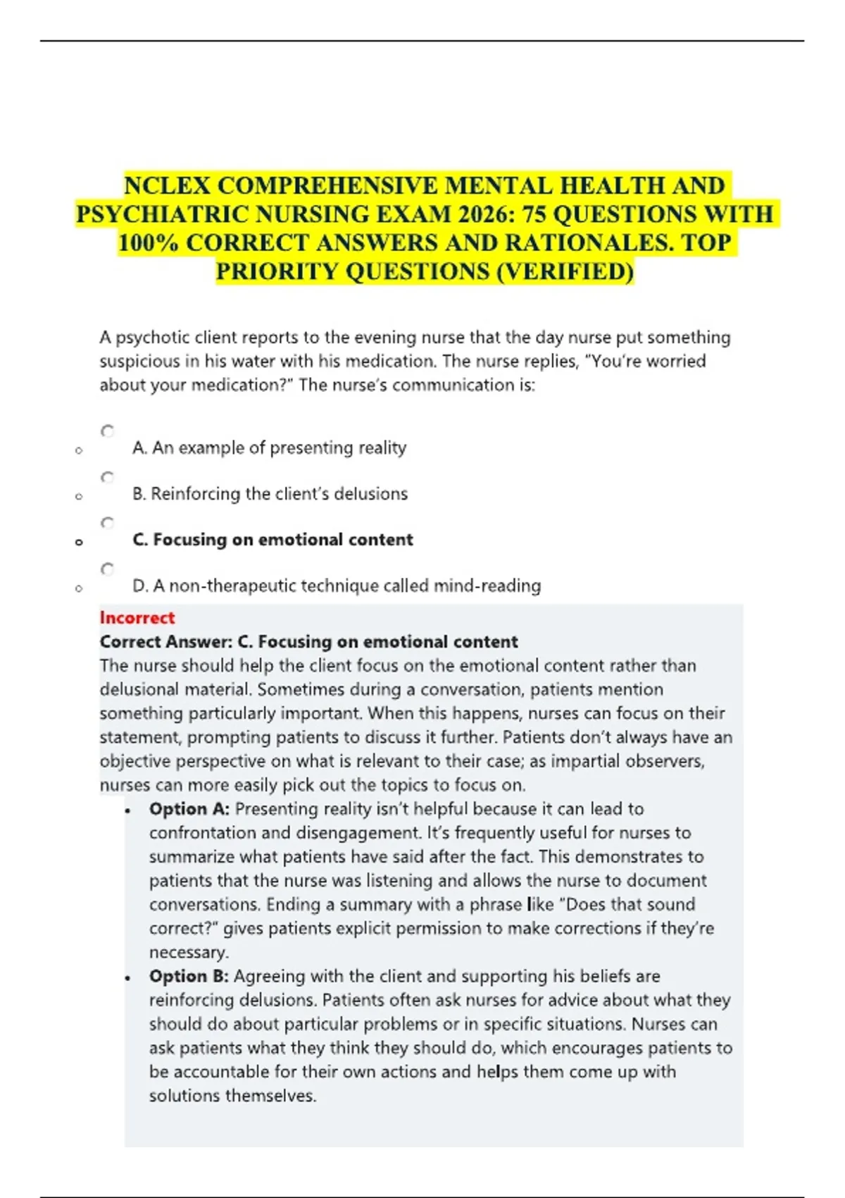 NCLEX Comprehensive Mental Health and Psychiatric Nursing Exam (2025 ...