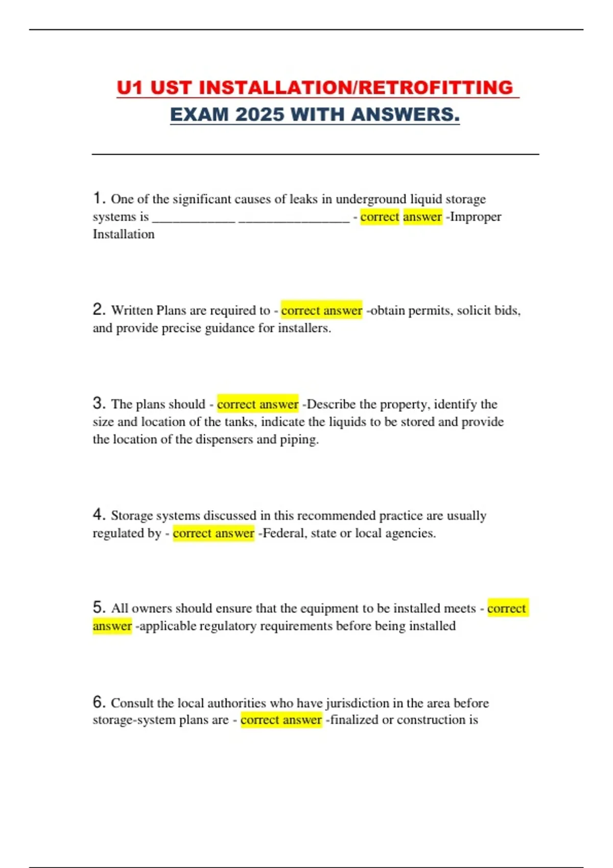 U1 UST Installation & Retrofitting – Exam 2025 (With Answers ...