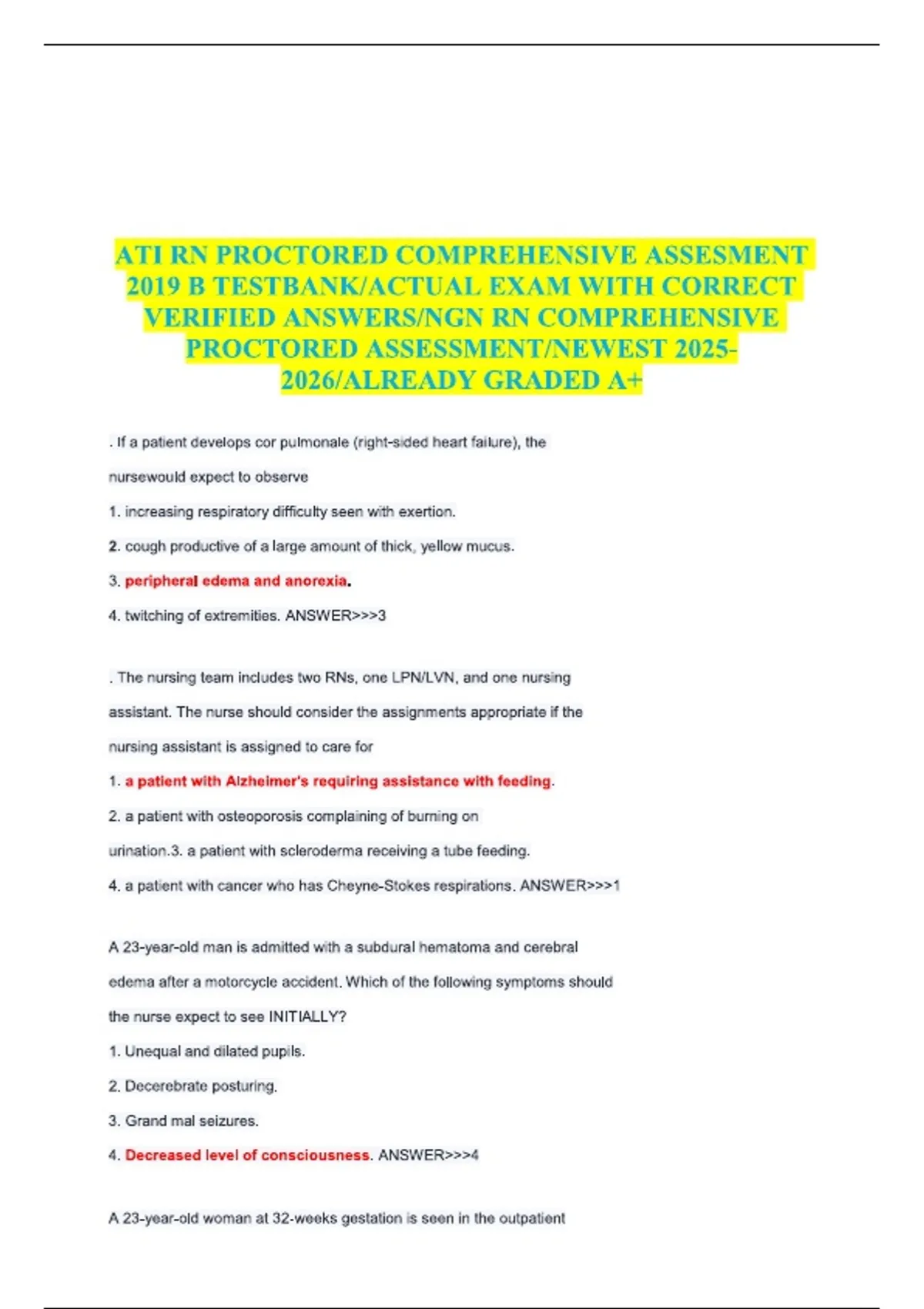 ATI Comprehensive Practice 2019 B | RN ATI capstone proctored ...