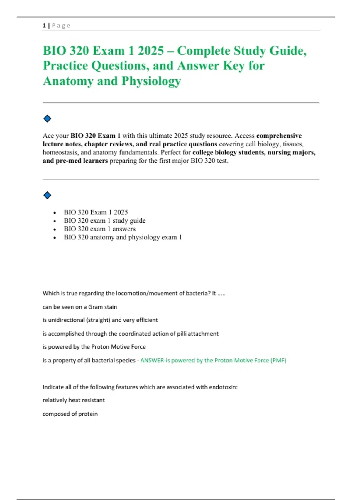 BIO 320 Exam 1 2025 – Complete Study Guide, Practice Questions, and ...