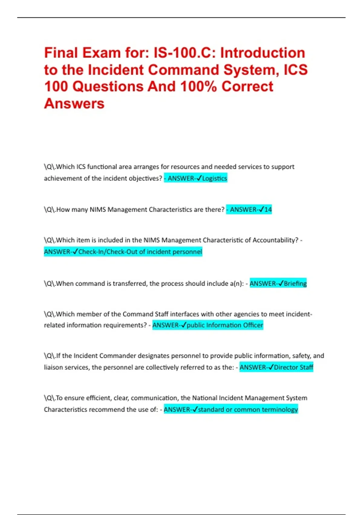 Final Exam for: IS-100.C: Introduction to the Incident Command System, ICS 100 Questions And 100 ...